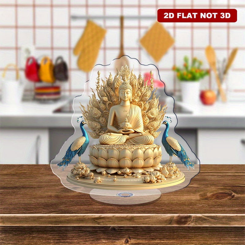 A rotating acrylic ornament featuring a golden Buddha statue on a lotus ...
