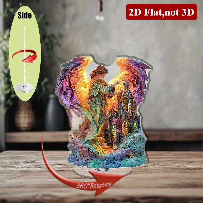 A rotating acrylic piece featuring a colorful angel with marionette and ...