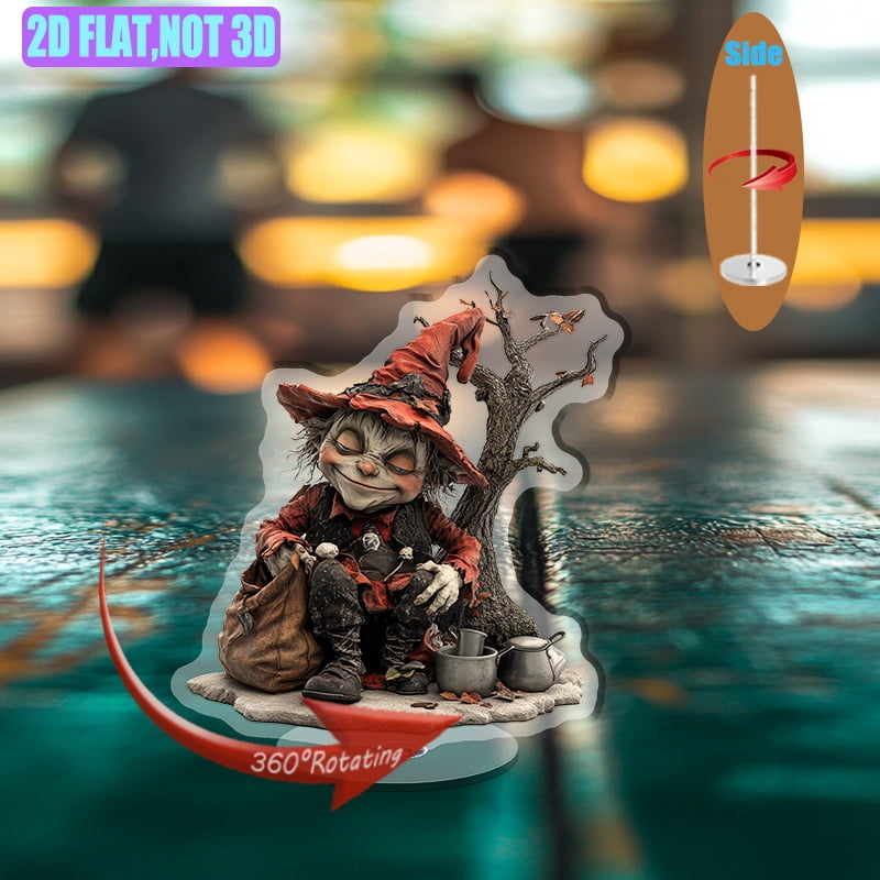 A rotating acrylic sculpture featuring a whimsical imp in vibrant black ...