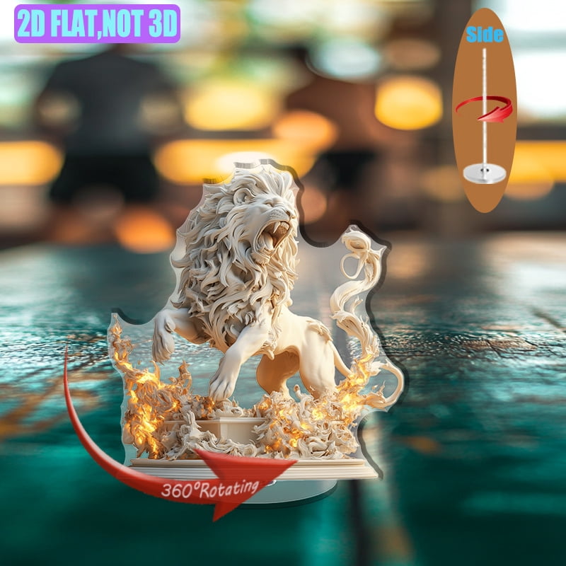 A rotational acrylic sculpture of a lion with a flowing mane surrounded ...