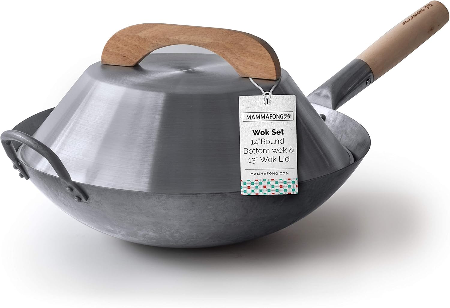 **round bottom wok with lid, hand hammered wok set, 14" carbon steel ...