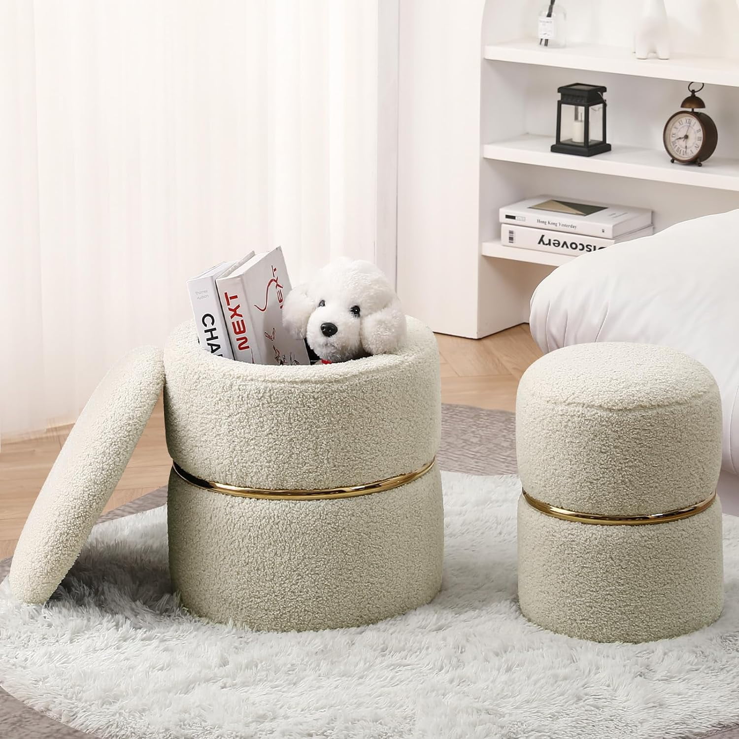**round ottoman set of 2, faux fur sherpa upholstered storage ottoman ...