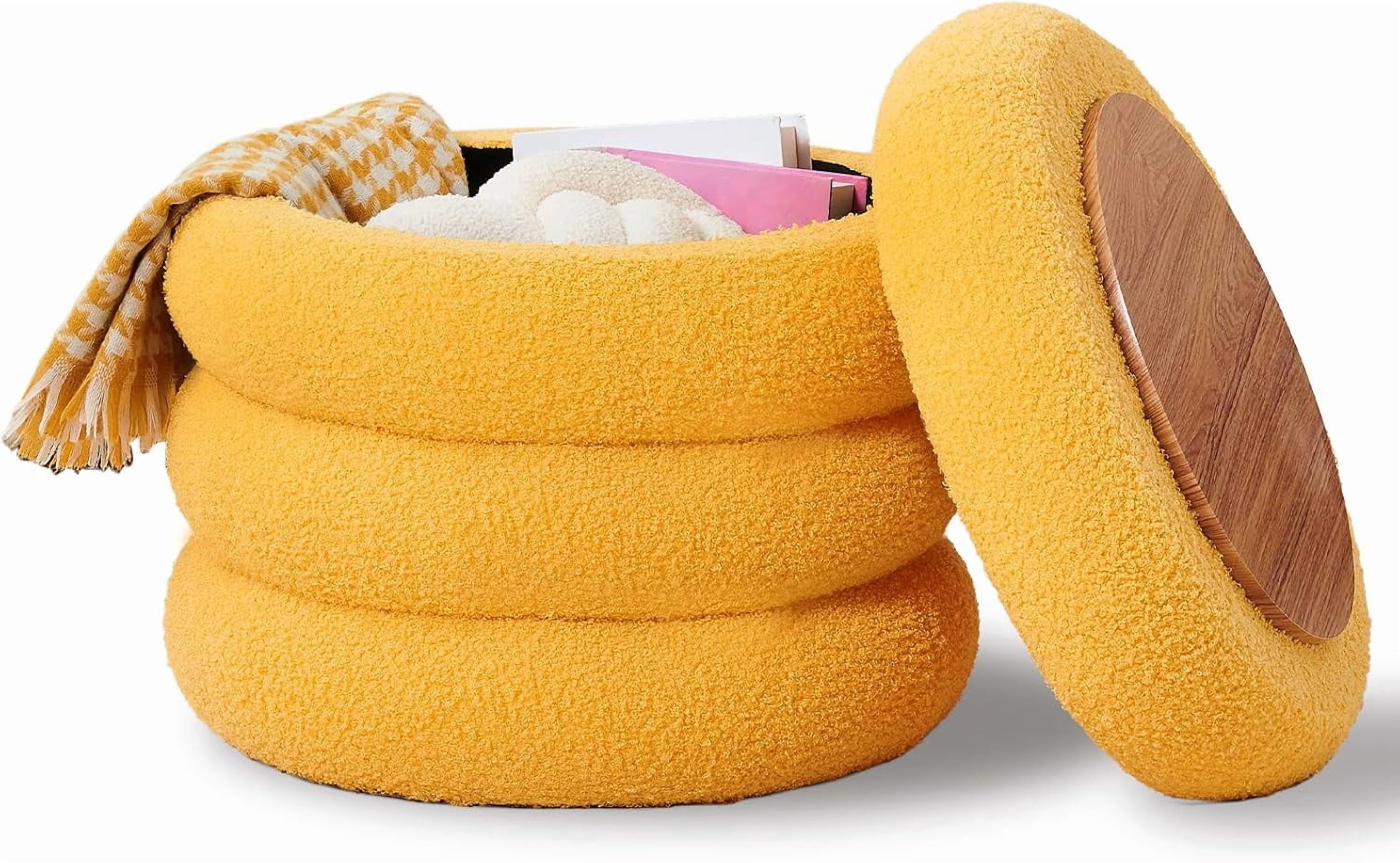 Round Storage Ottoman, Modern Sherpa Footstool, Teddy Vanity Stool with ...