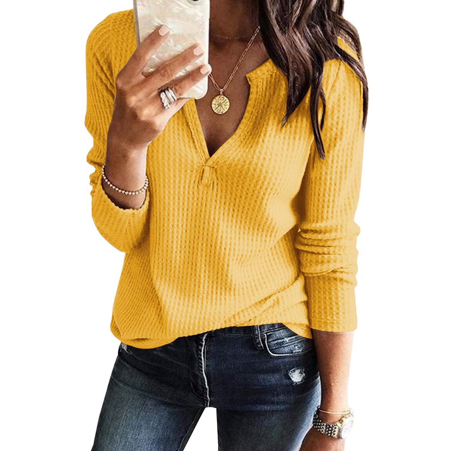 rrhss Womens V Neck Shirts Long Sleeve Henley Tops Waffle Knit Loose ...