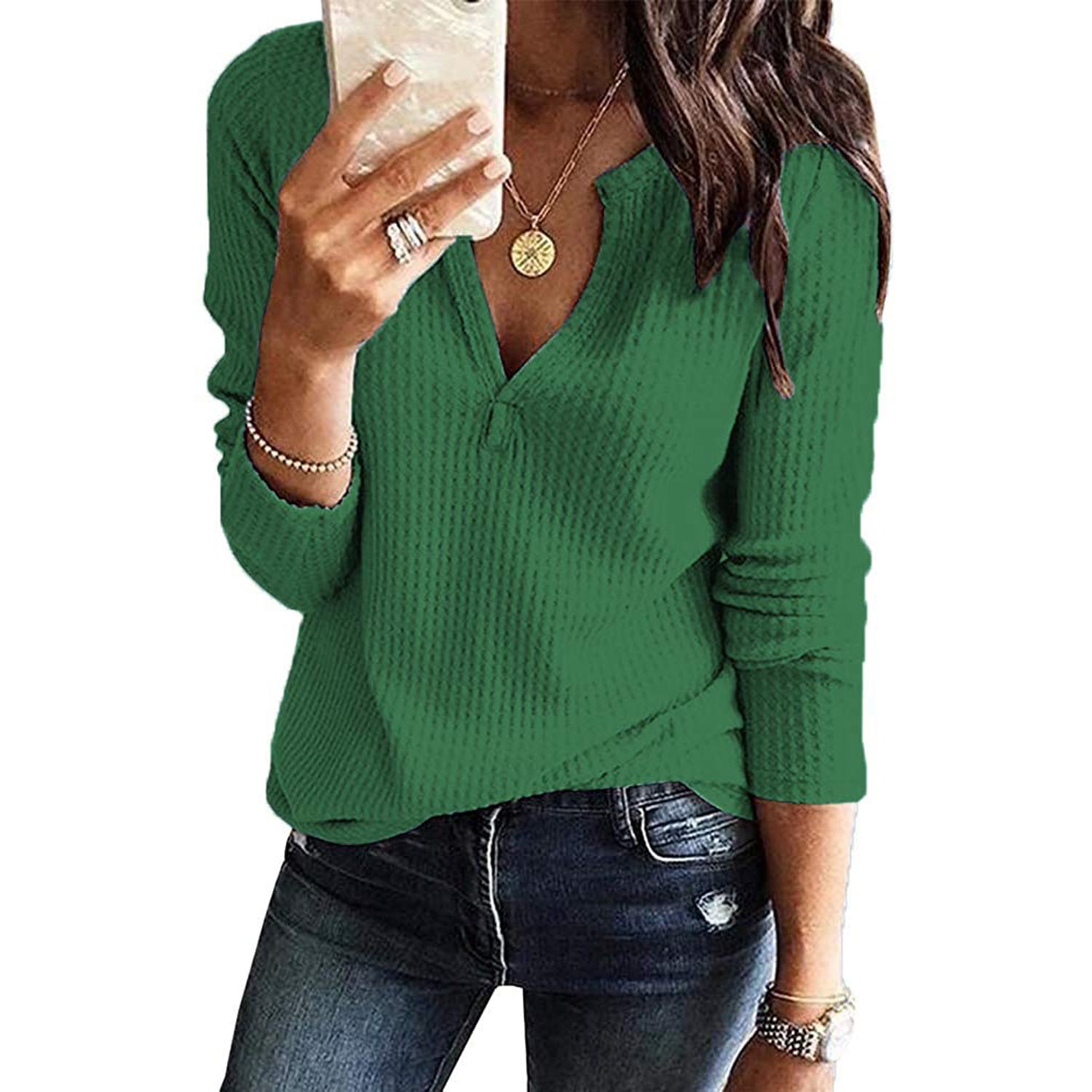 rrhss Women's V Neck Waffle Knit Henley Tops, Long Sleeve, Loose ...