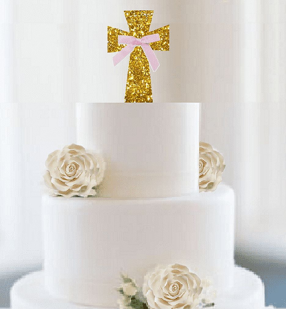Super Gold Glitter Cross with Pink Bow, by CakeSupplyShop - Walmart.com