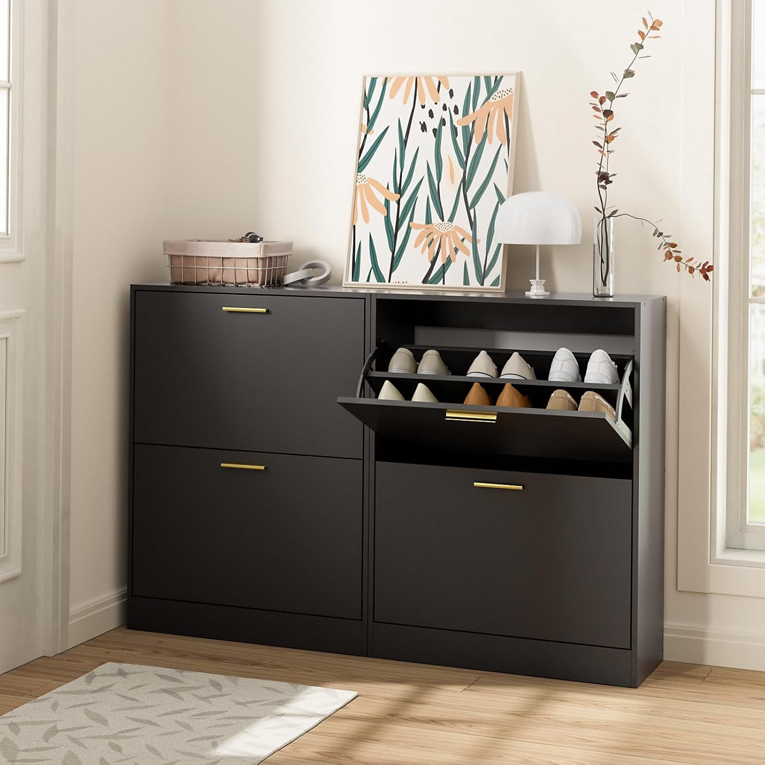 rtuicvn Shoe Cabinet Free Standing Tipping Bucket Shoe Organizer with 2 ...