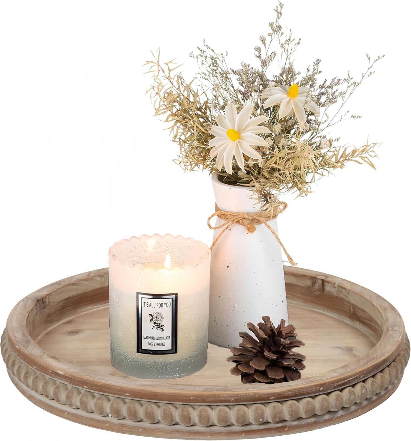 rtyvcg 16 Inches Round Wood Tray Hand Crafted Beaded Farmhouse Large ...