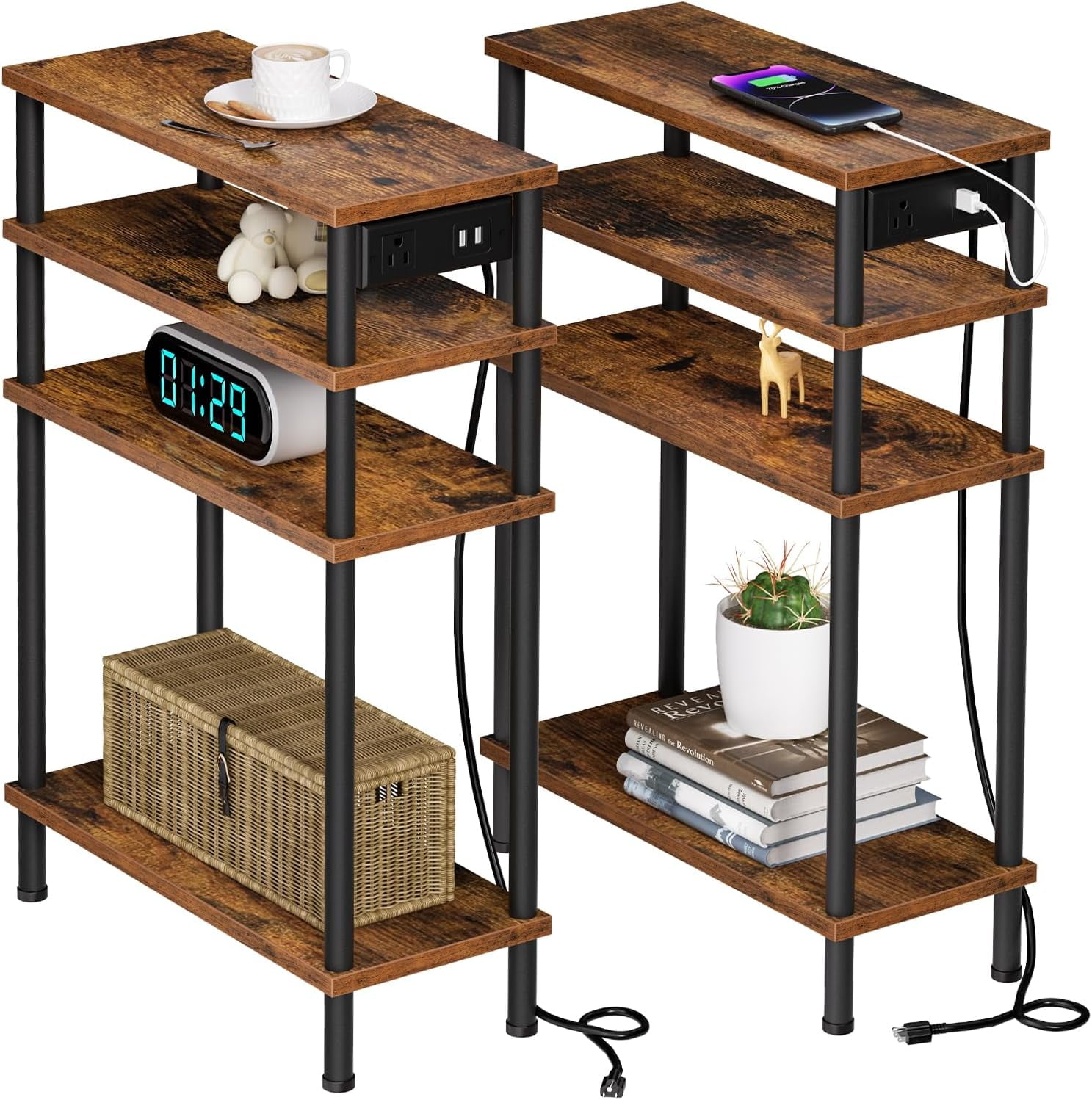 rtyvcg Narrow Side Table with Charging Station 4 Tier Small End Tables ...