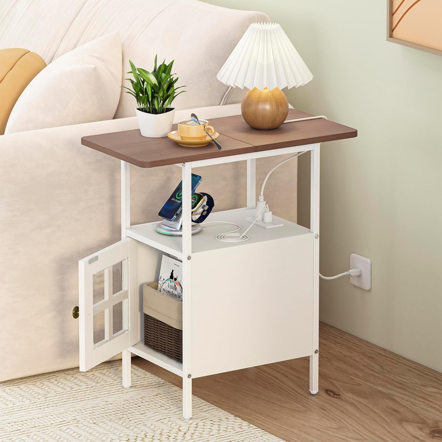 rtyvcg Side Table with Charging Station - 3-Tier End Table Bedside ...