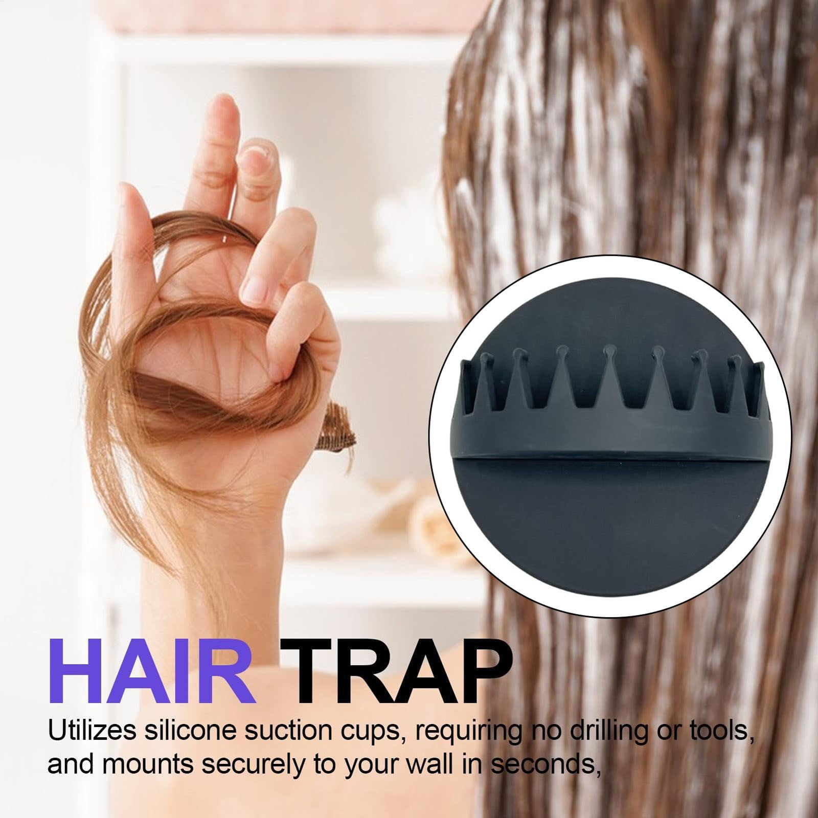 A rubber hair collector with suction cups for easy storage Shower Hair ...