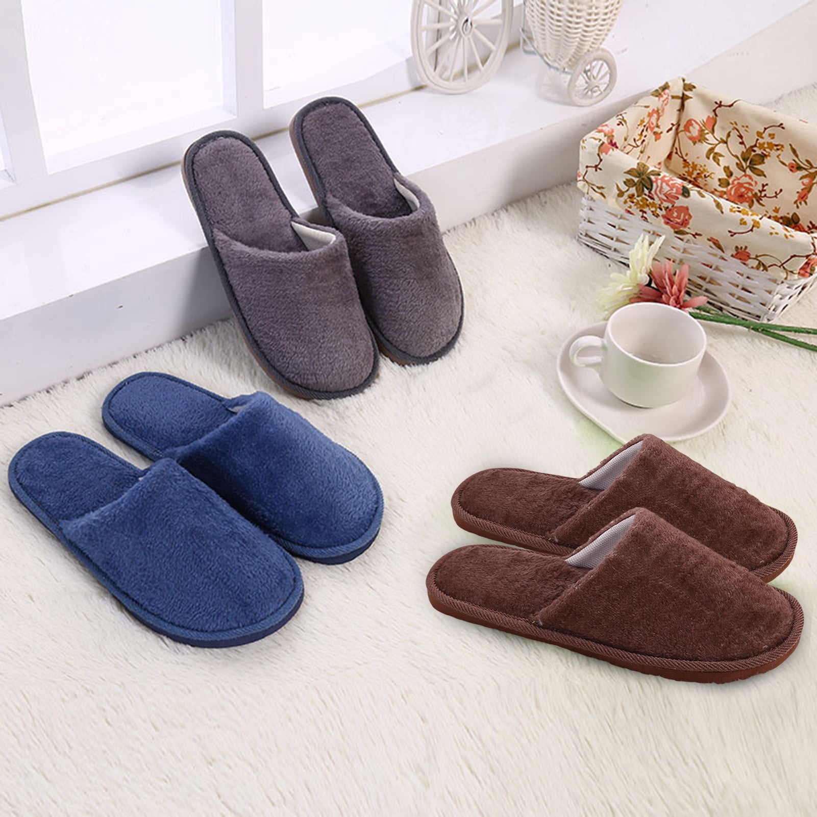 ruhuadgb 1 Pair Home Slippers Plush Solid Color Slip-on Soft Soles ...