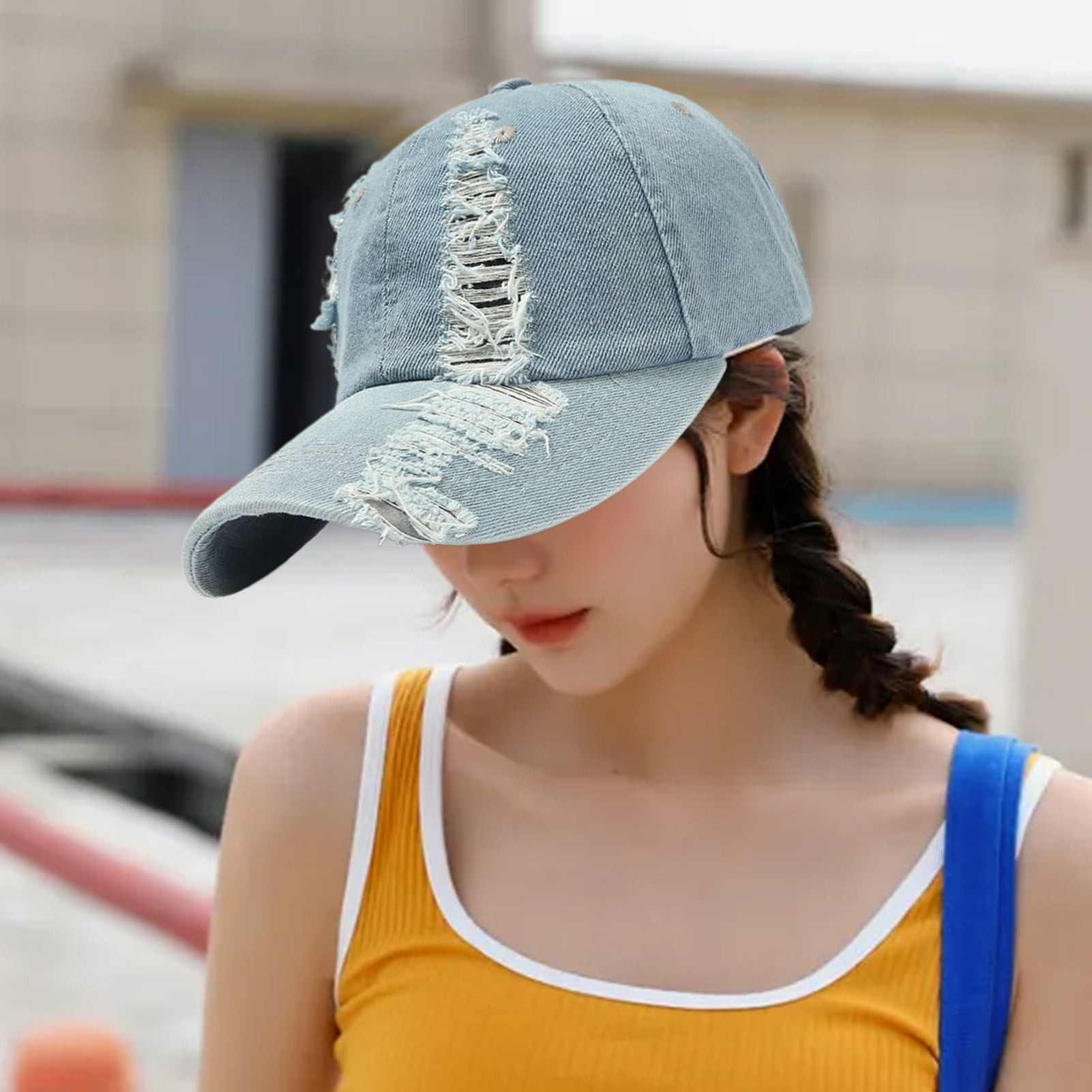 ruhuadgb Men Peaked Hat Solid Color Unisex Hip Hop Style Denim Ripped ...