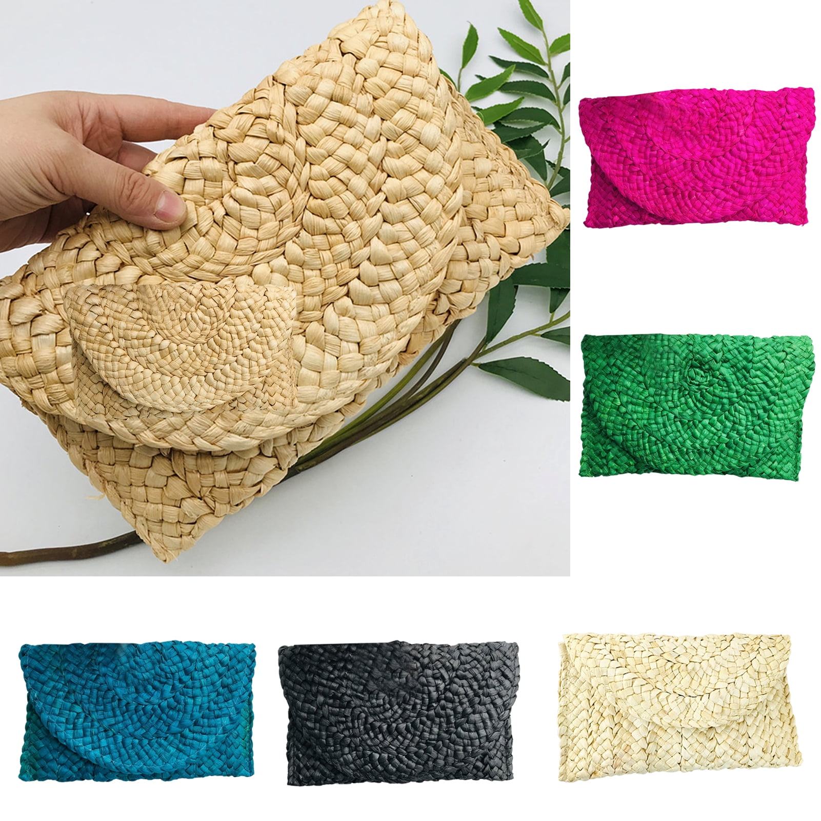ruhuadgb Straw Clutch Handmade Woven Solid Color Casual Large Capacity ...