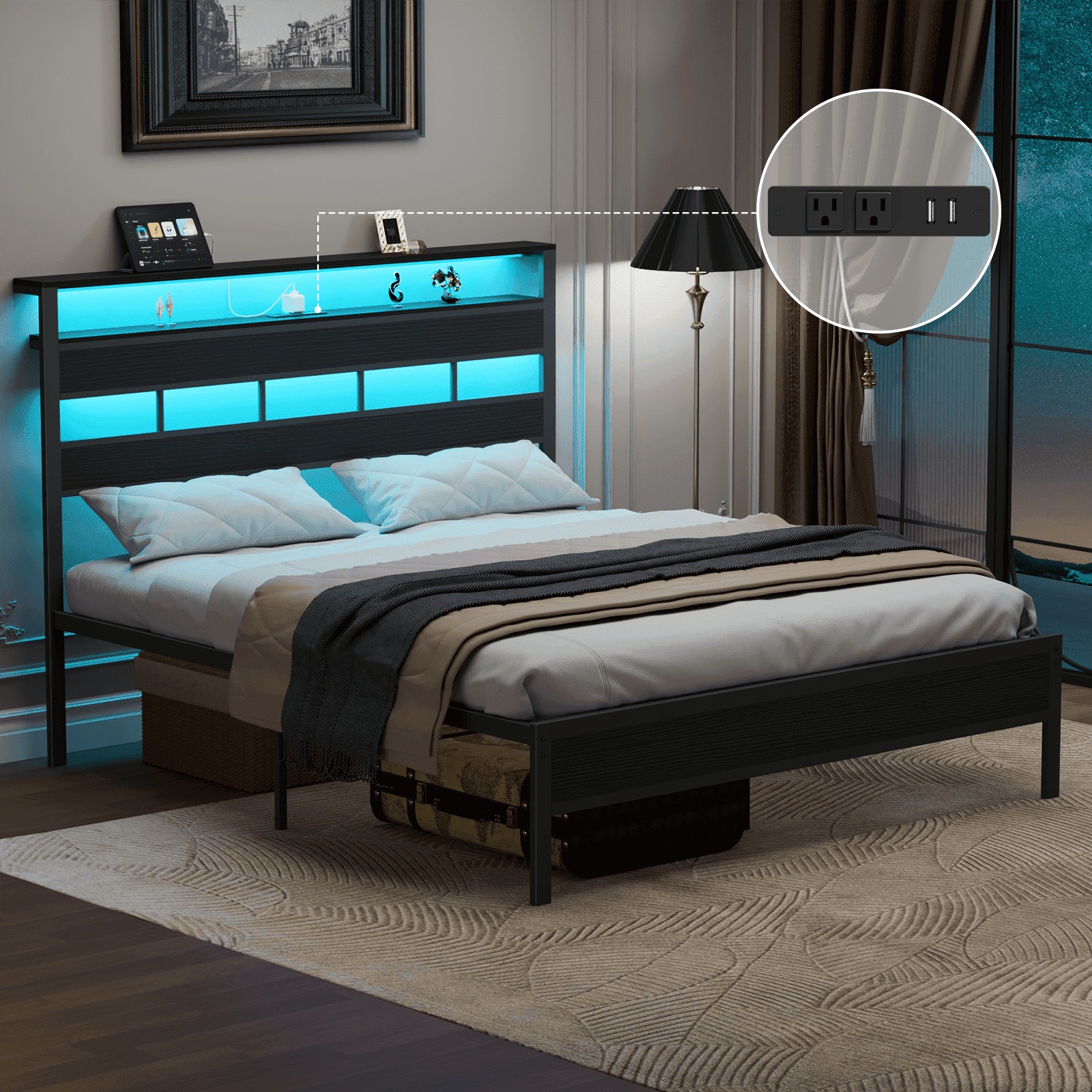 Dyzmo Queen Size Bed Frame with Storage Headboard and LED Light ...