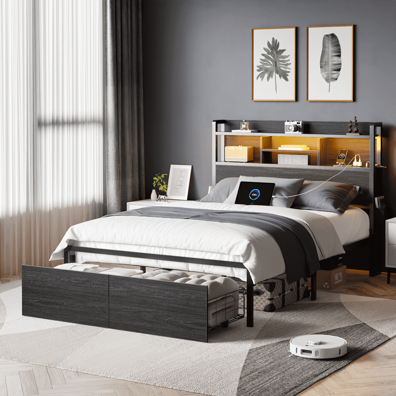 RUIKEXIN Queen Size LED Light Bed Frame with Storage Shelf and USB ...