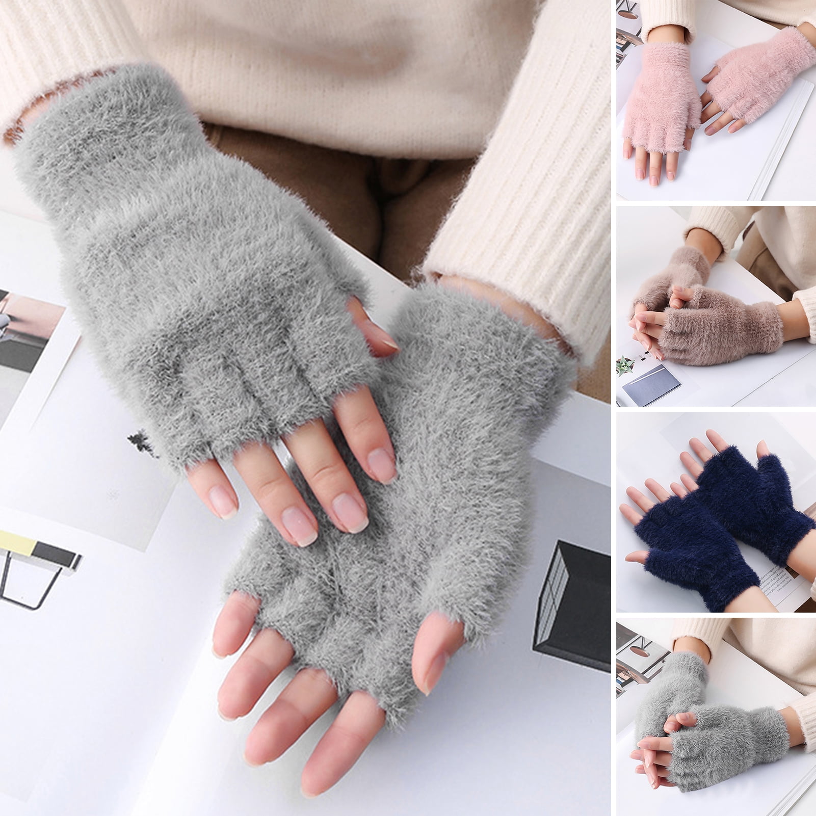 rygai 1 Pair Half Finger Gloves Super Soft Windproof Wear Resistant Keep Warm Washable Women ...
