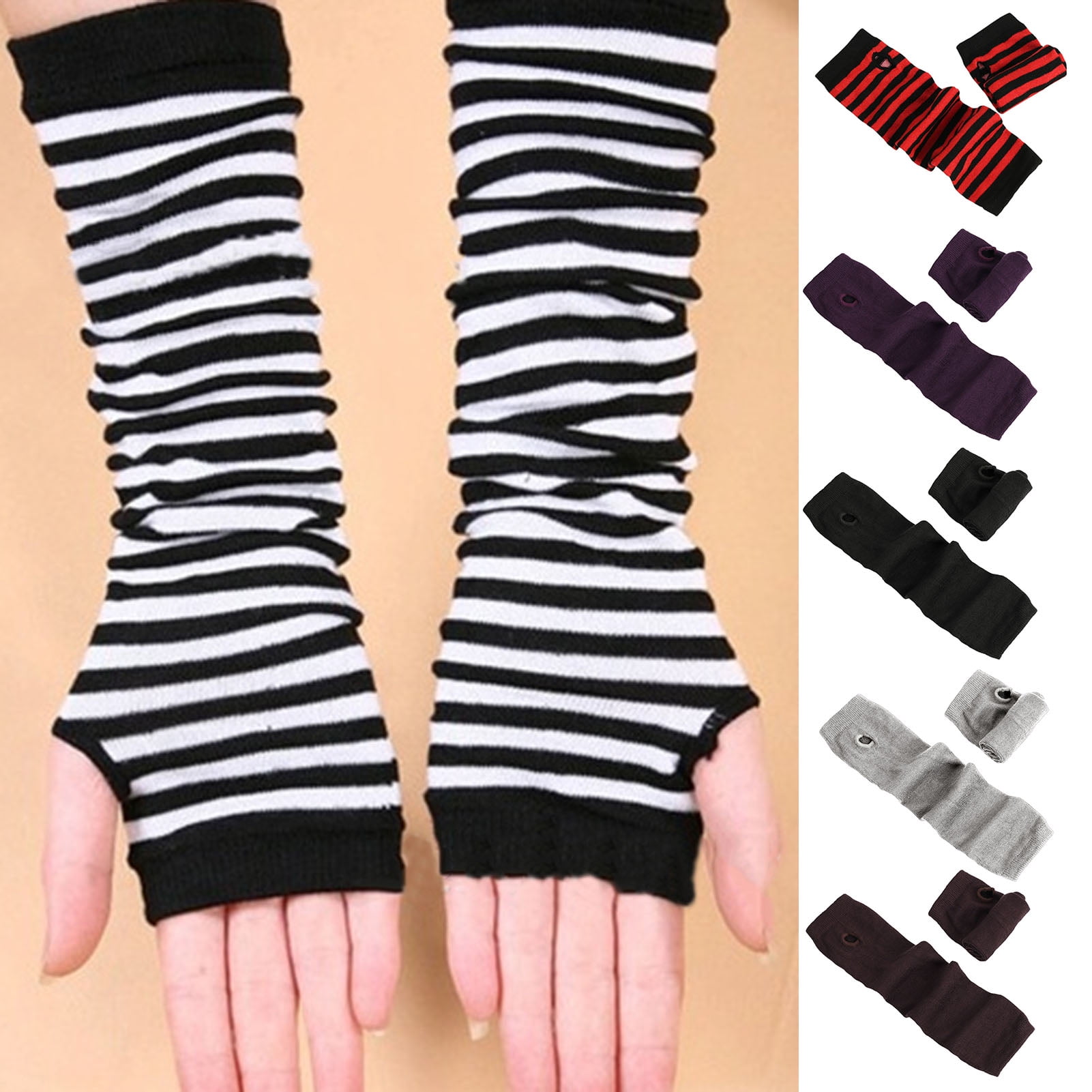rygai 1 Pair Striped Half Finger Arm Covers Women Crochet Knitted Arm ...