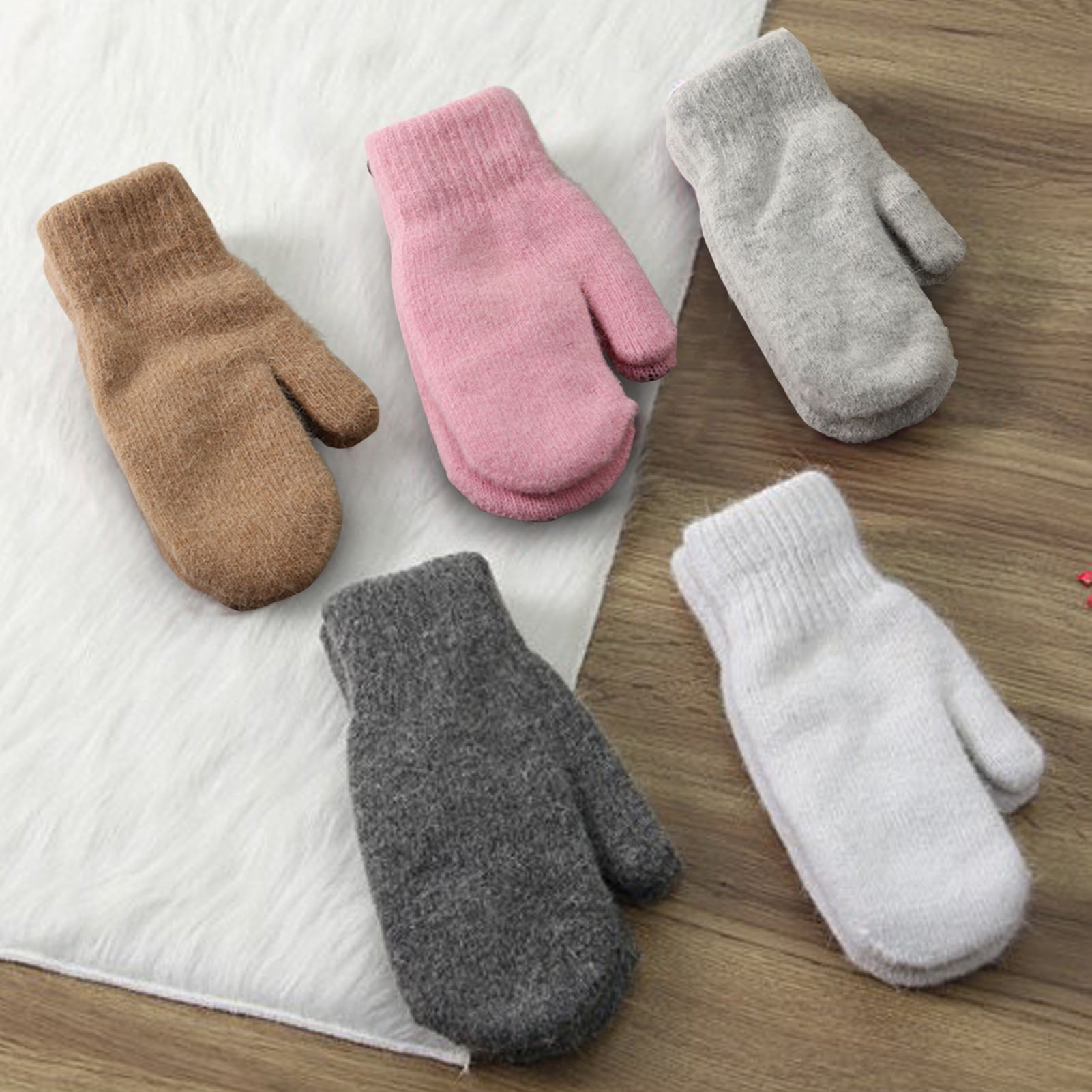 rygai 1 Pair Women Mittens Double-layers Cute Stretchy Soft Thickened ...