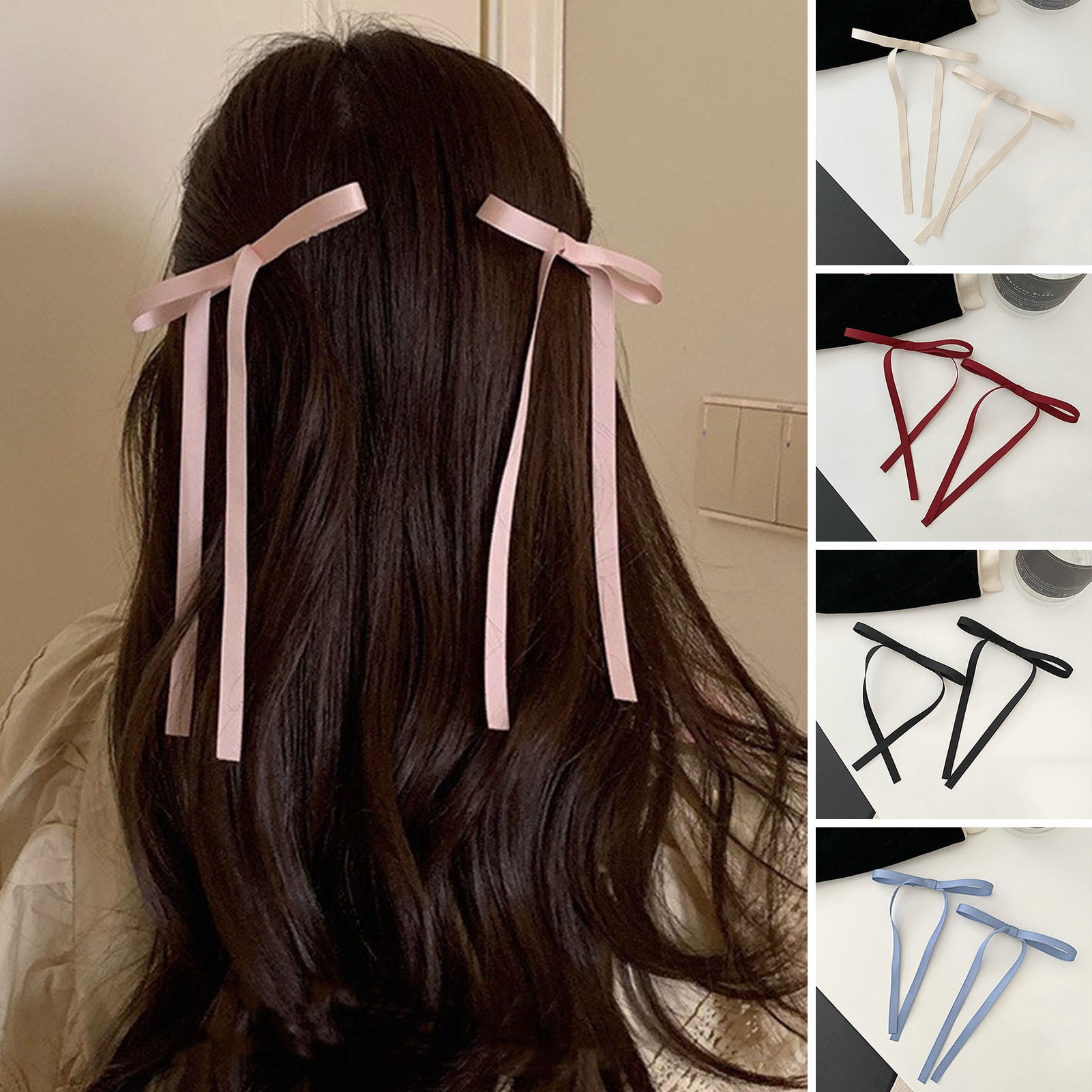 rygai 2Pcs Bow Hair Ribbons Soft Fabric Solid Color Long Tail Design ...