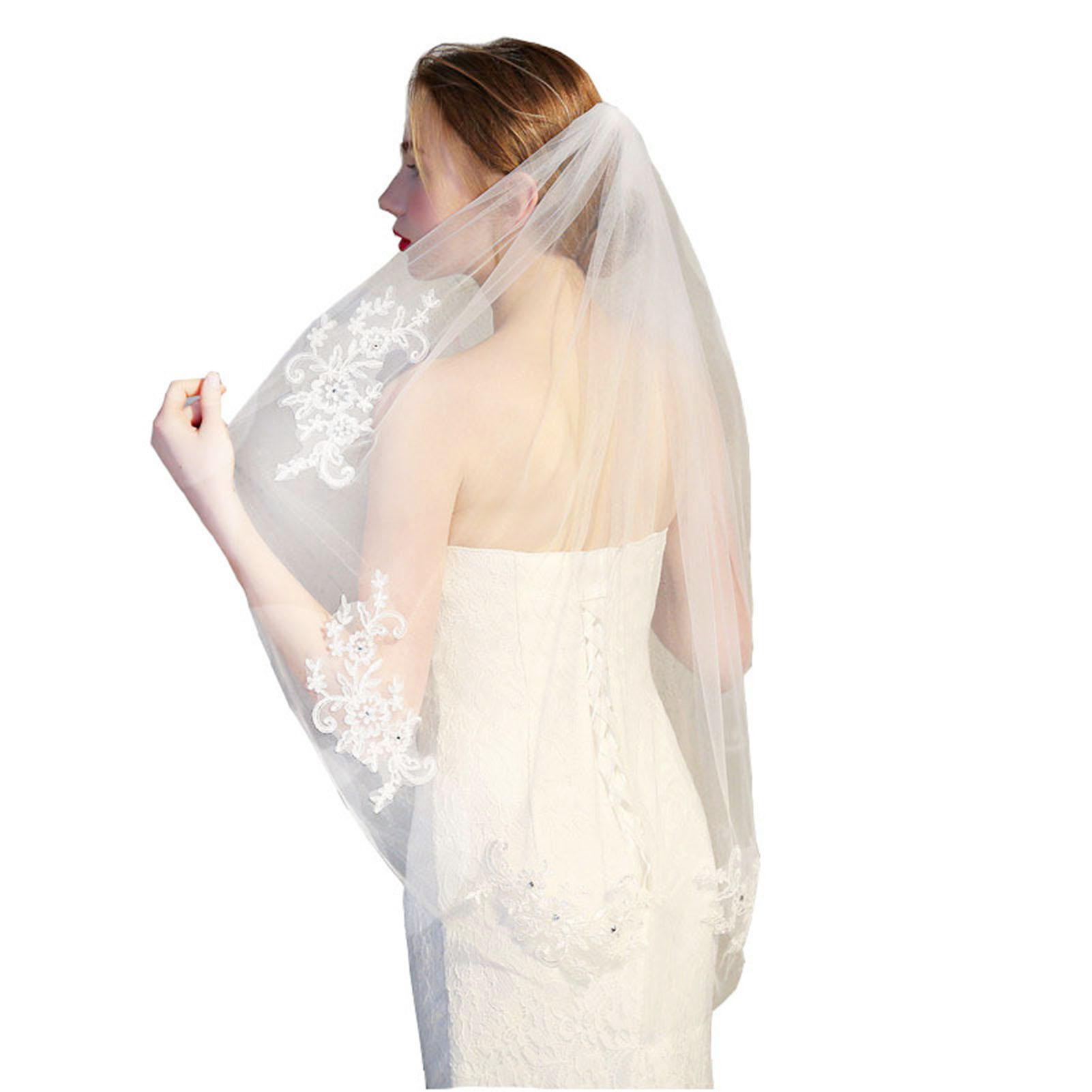 rygai Bridal Veil Beautiful Attractive Short Lace Decal with Rhinestone ...