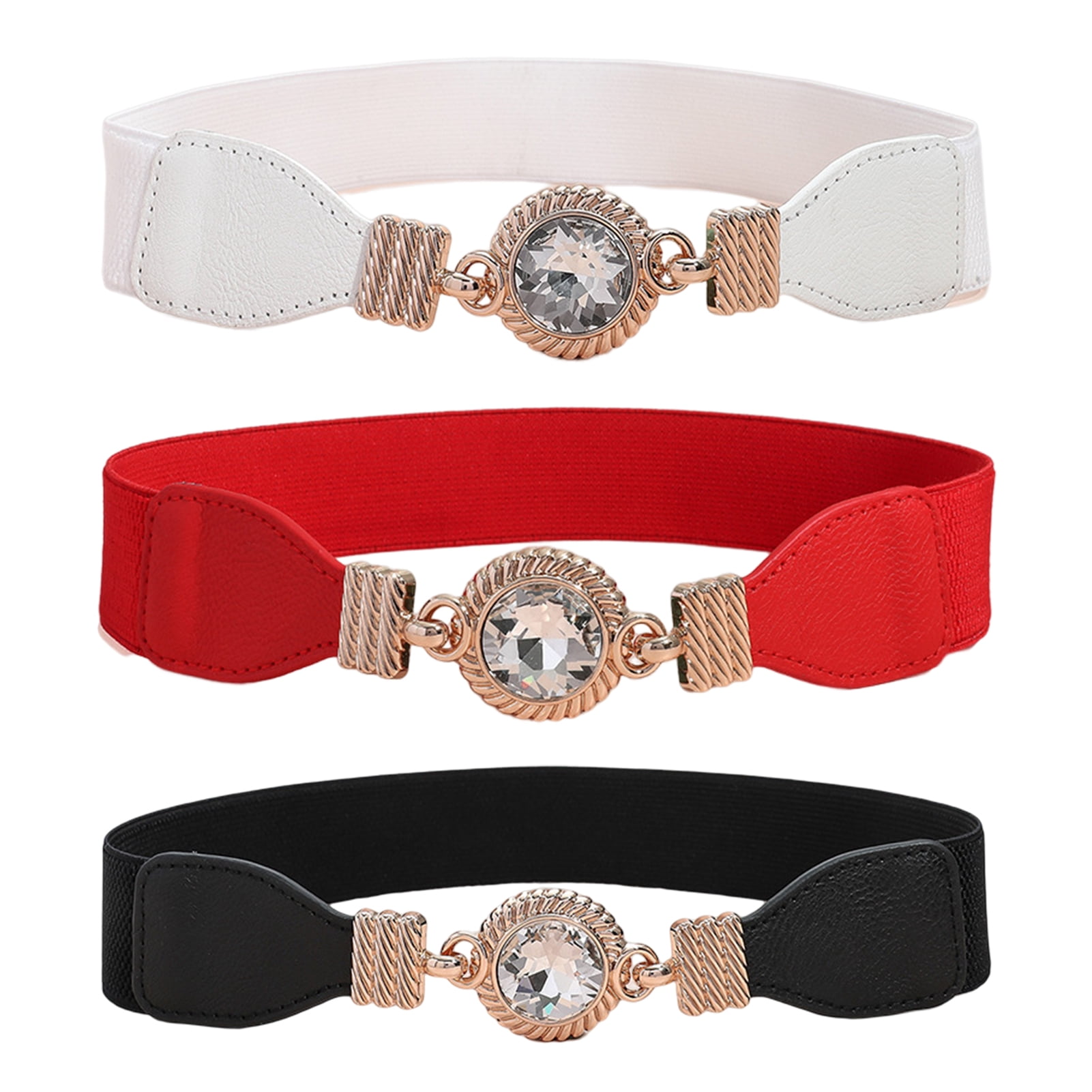 rygai Buckle-Free Wide Faux Leather Dress Belt Women Rhinestone Decor ...