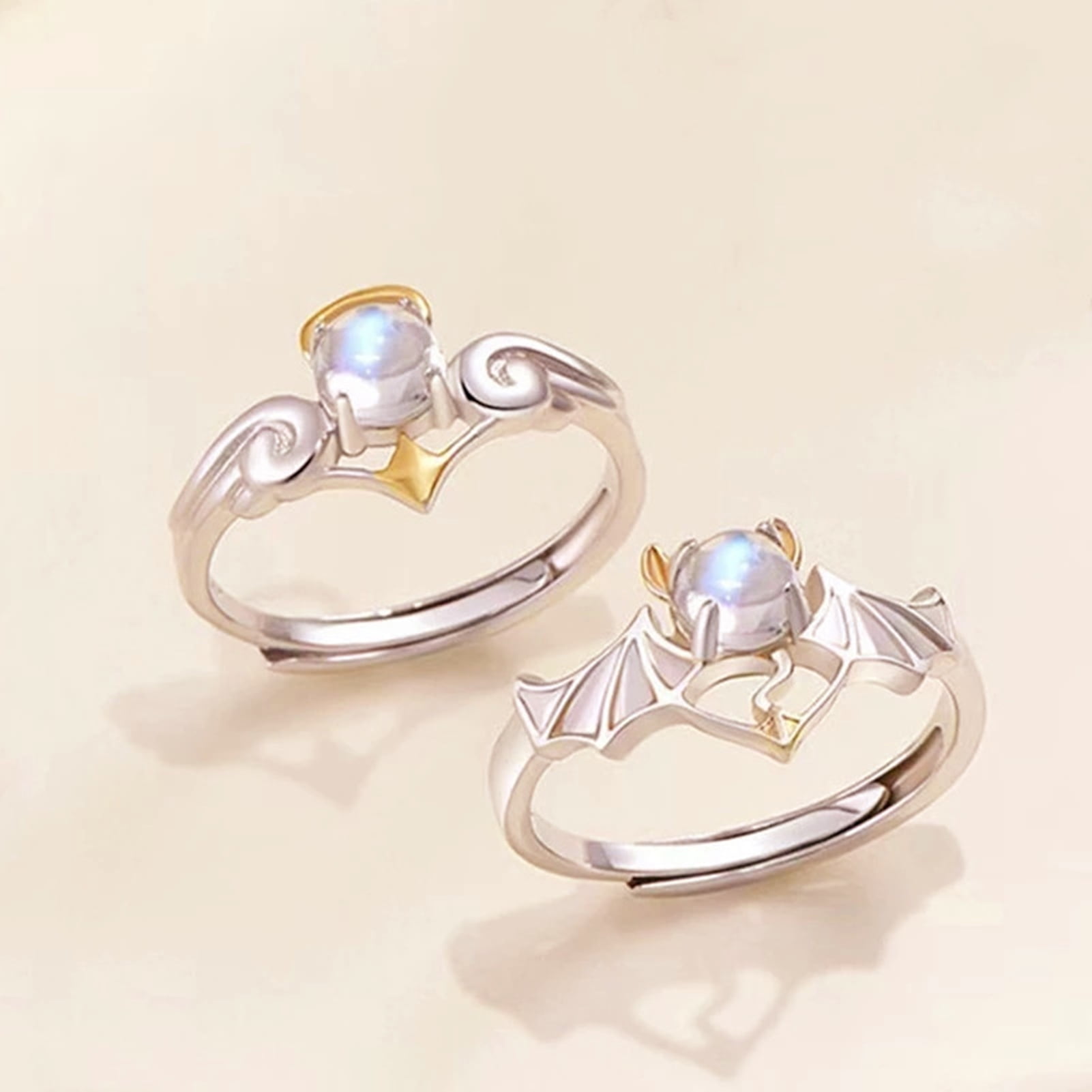 rygai Couple Ring Angle And Demon Opening Moon Stone Adjustable Hollow ...