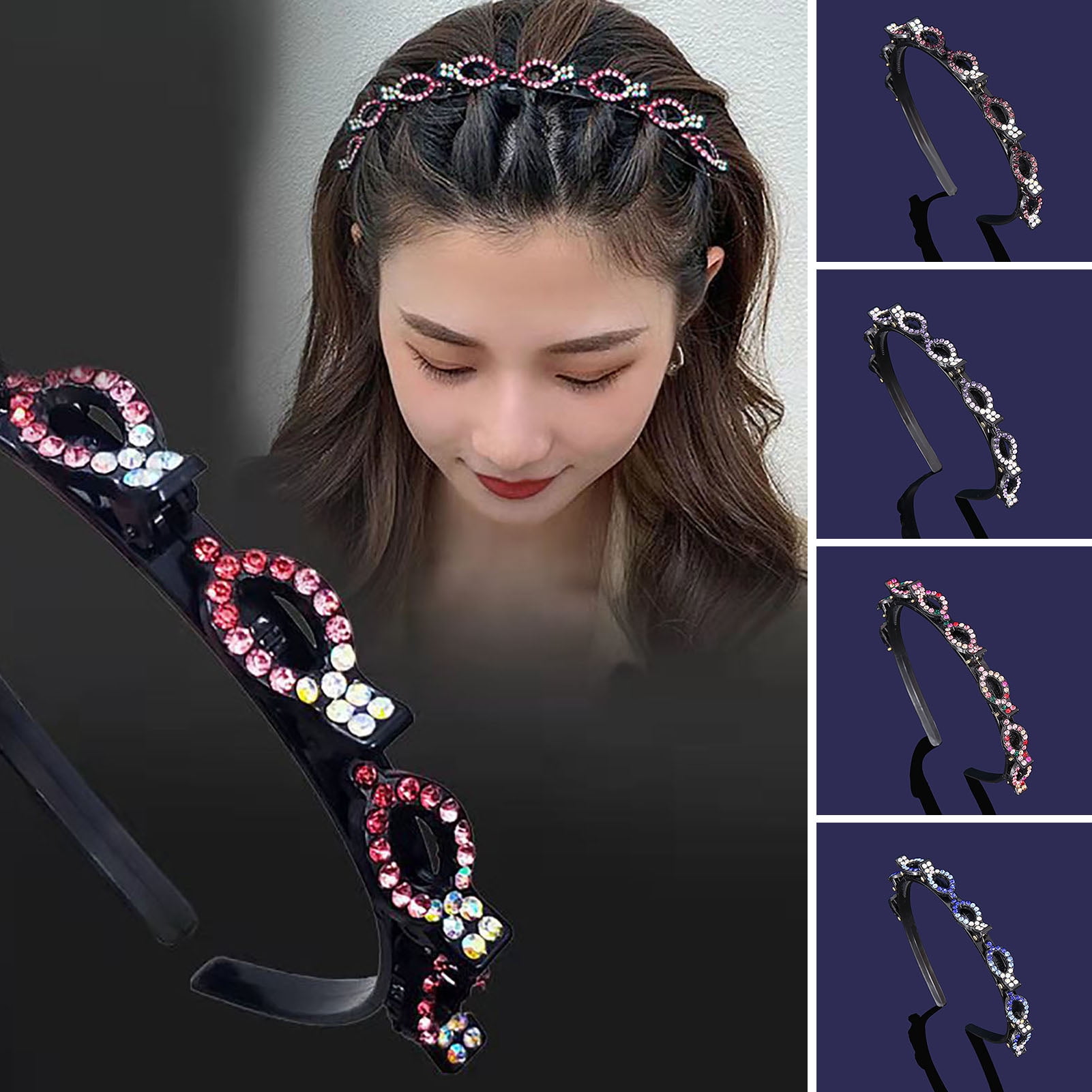 rygai Hair Hoop Band with Clips Non-slip Shiny Rhinestone Inlay ...