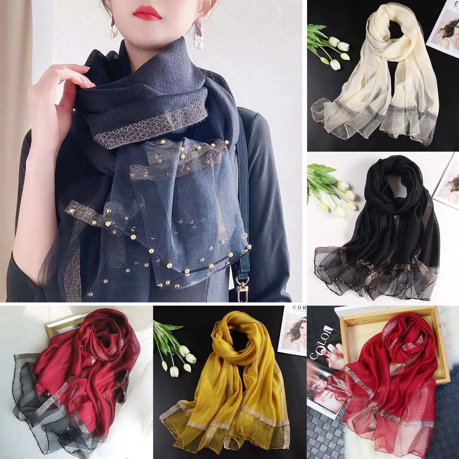 rygai Lady Scarf Imitation Silk Beads Decor Contrast Color See-through ...