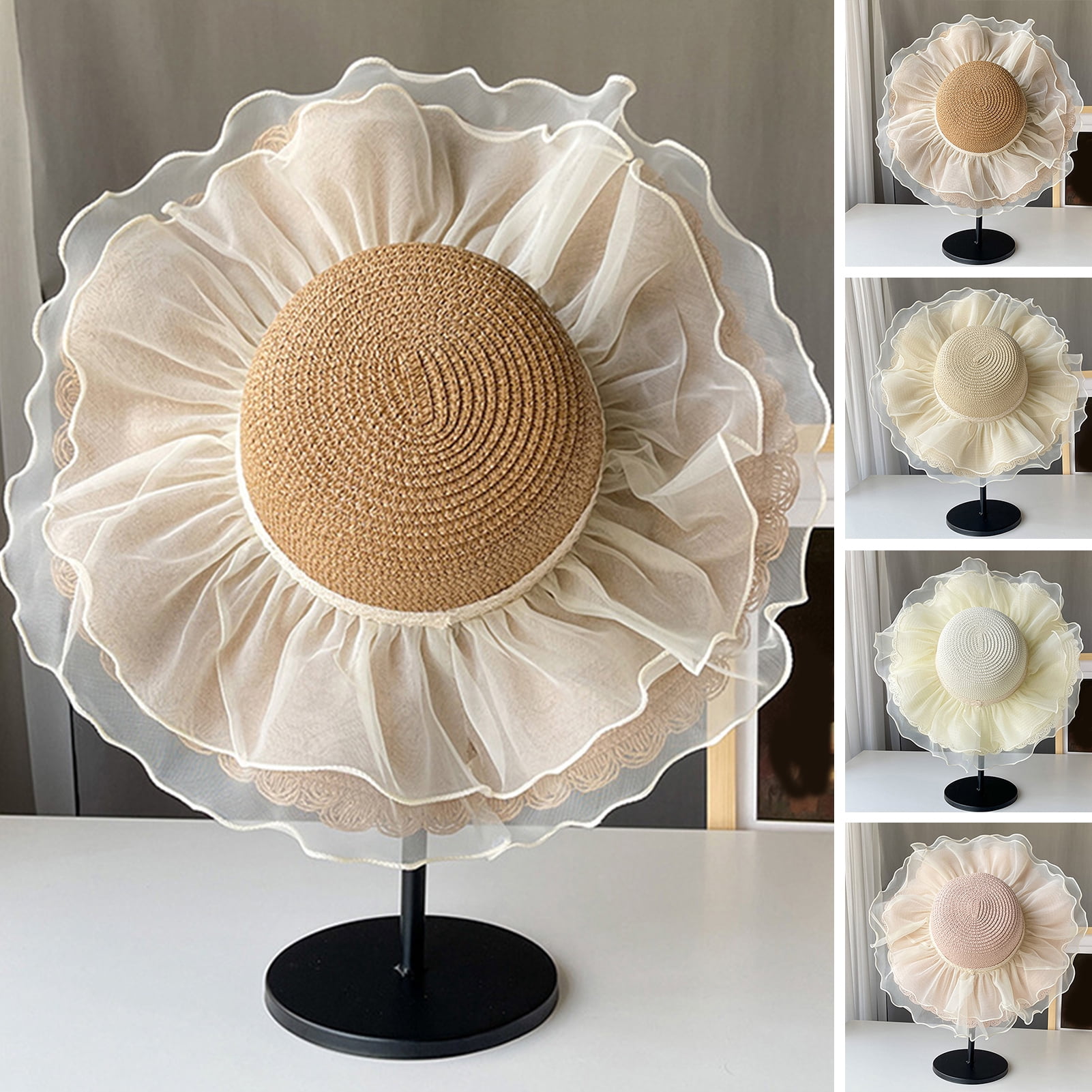 rygai Net Yarn Decor Round Dome Beach Hat Women Big Brim Sunscreen ...