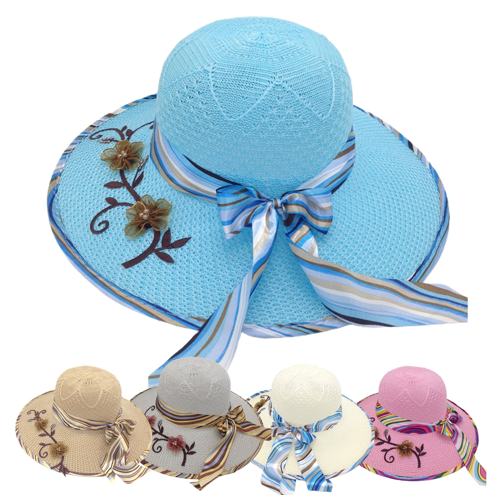 Rygai Ribbon Bowknot Decor Flower Stitching Sun Hat Foldable Wide Brim