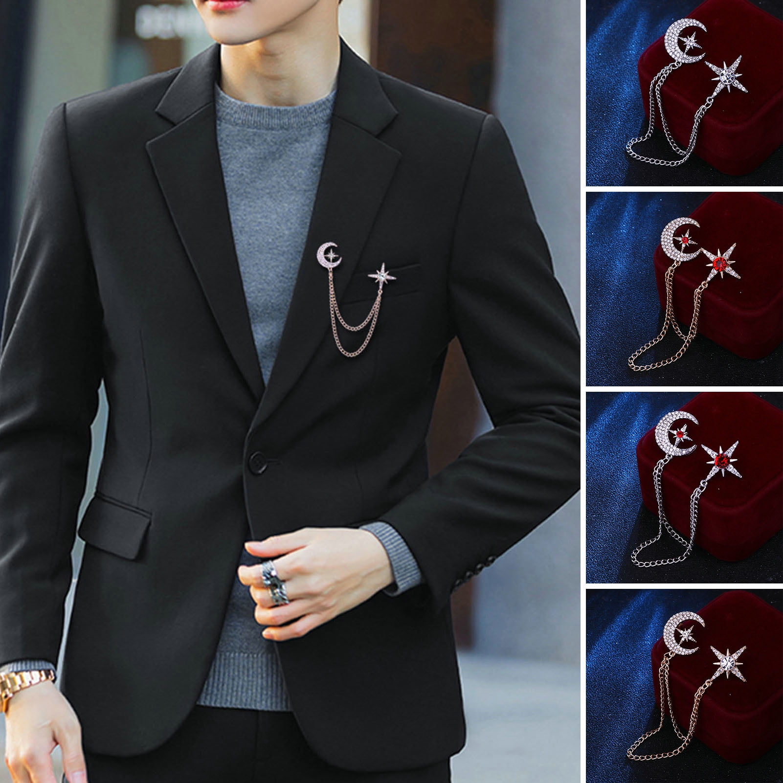 rygai Star Moon Brooch Dazzling Rhinestone Inlaid Hanging Chain Elegant ...