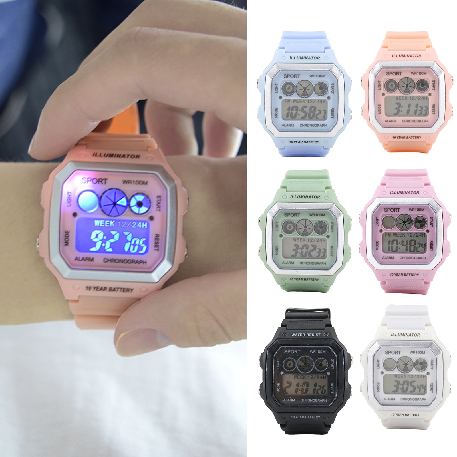 rygai Student Watch Alarm Clock Square Dial LED Display Adjustable ...