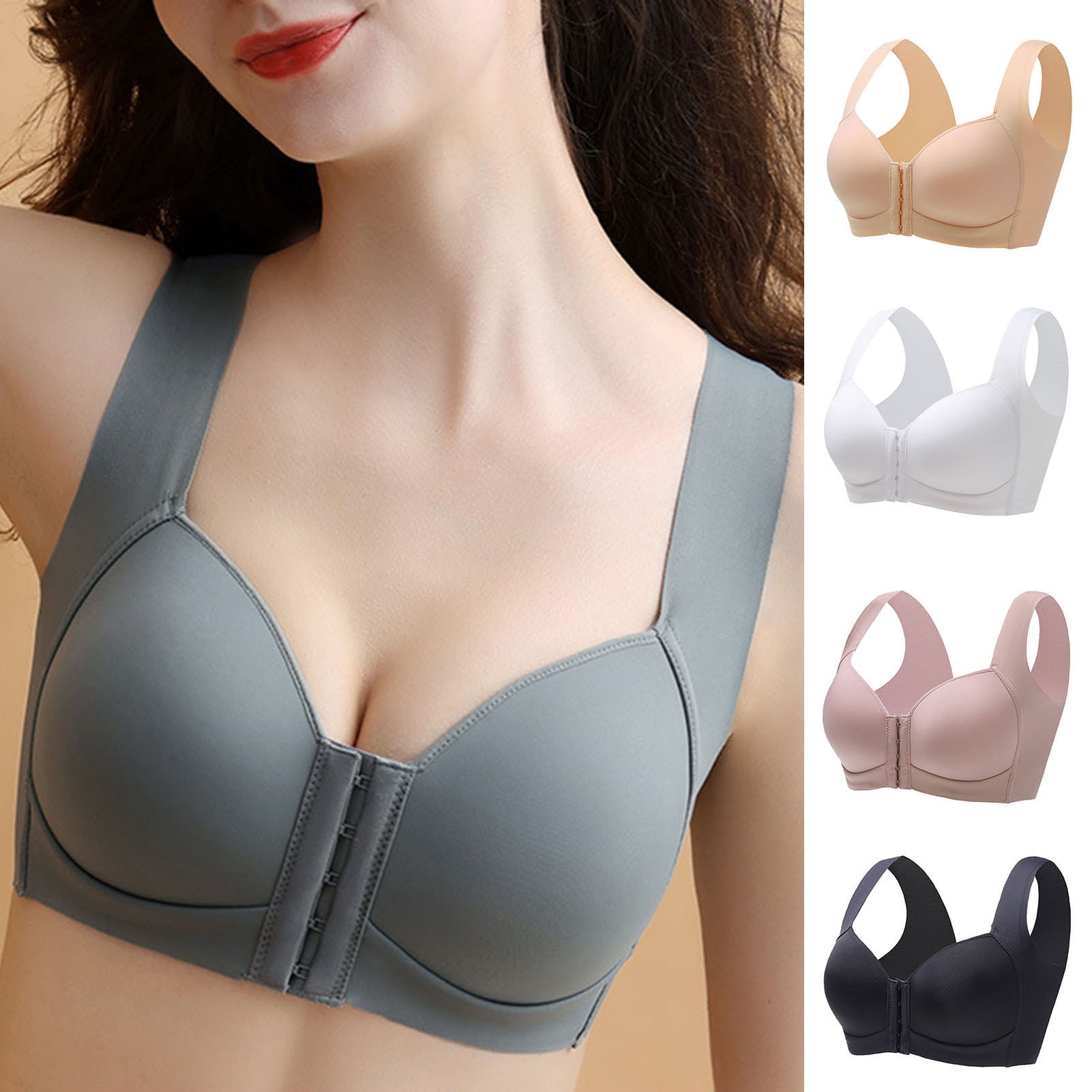 rygai Wide Shoulder Straps Women Bra U-Shaped Back Wire Free Front Closure Full Cup Sexy Bra for ...