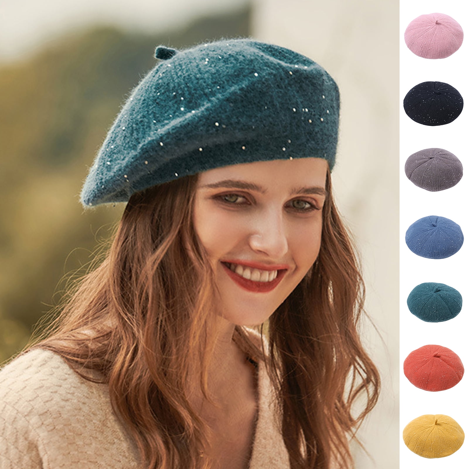 rygai Women's Autumn Winter Beret, Sequins Knitted, Brimless, Shiny ...