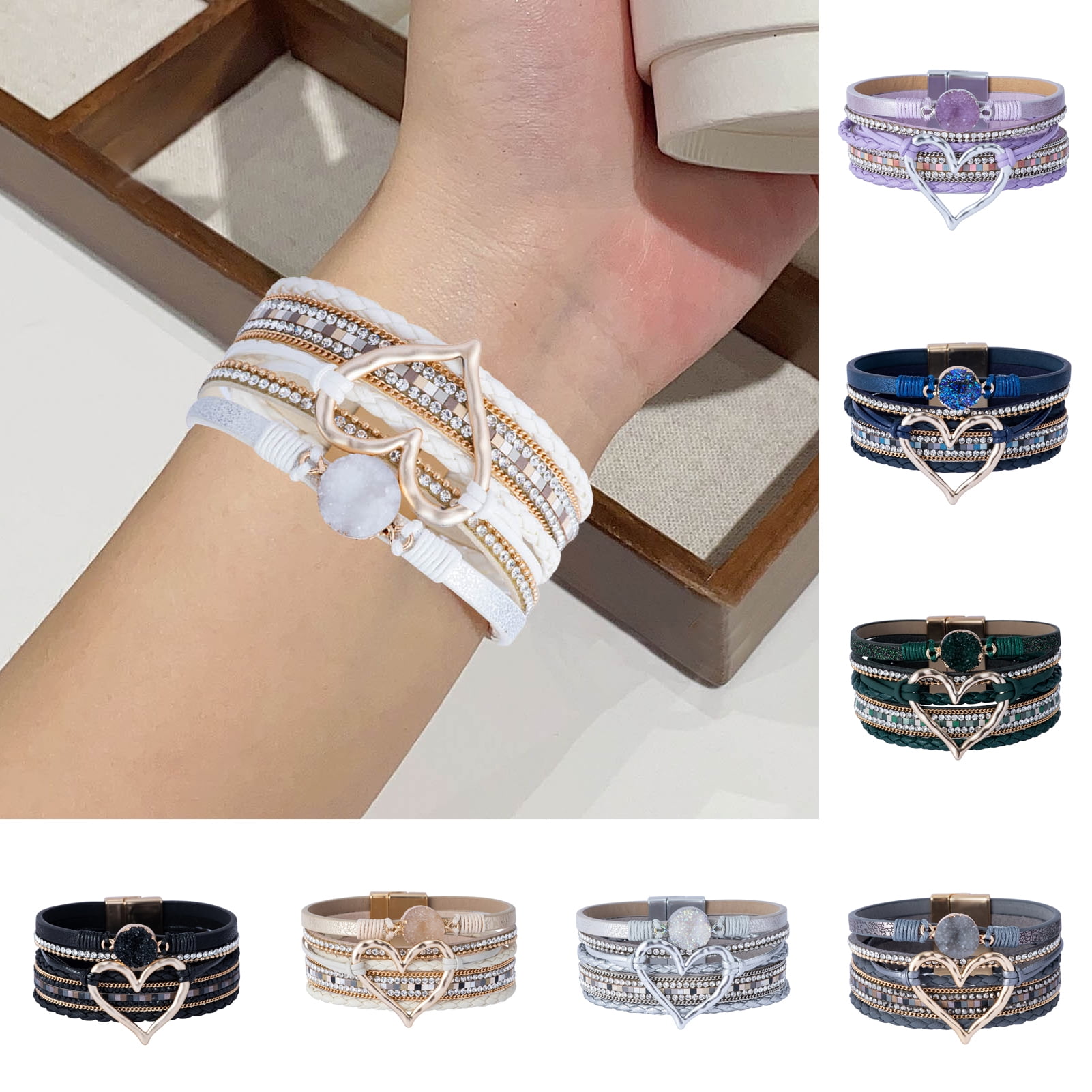rygai Women Bracelet Faux Leather Love Heart Charm Multi-layer Bohemia ...
