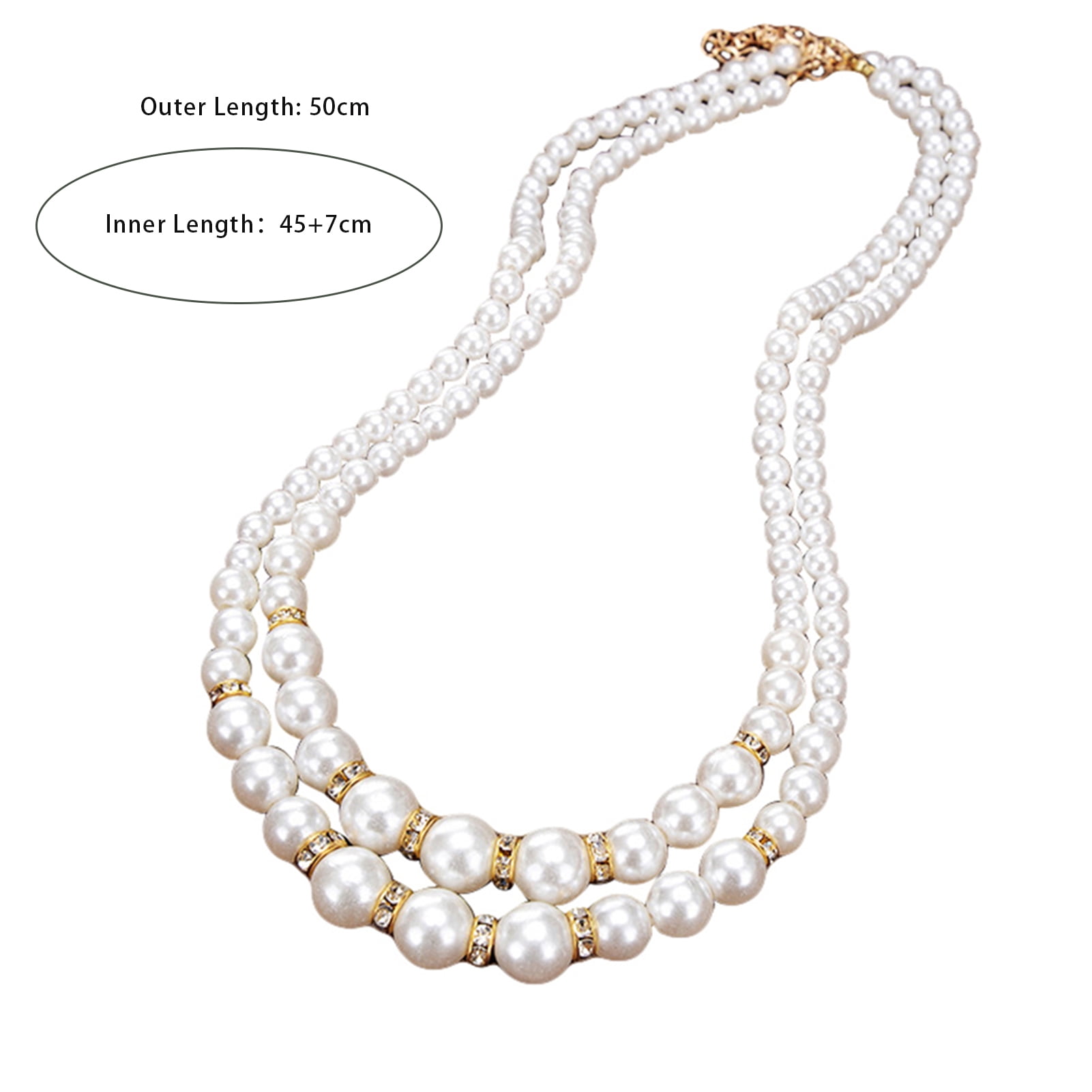 rygai Women Faux Pearl Beads Rhinestone Inlaid Double Layer Necklace ...