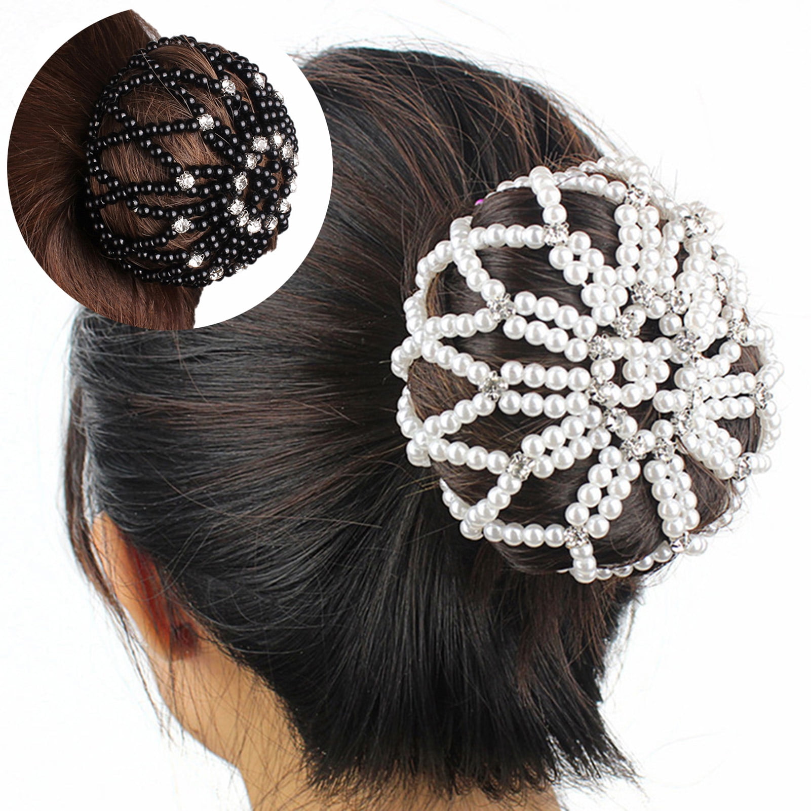 rygai Women Hair Net Faux Pearl Elastic Shiny Rhinestone Fishnet Shape ...