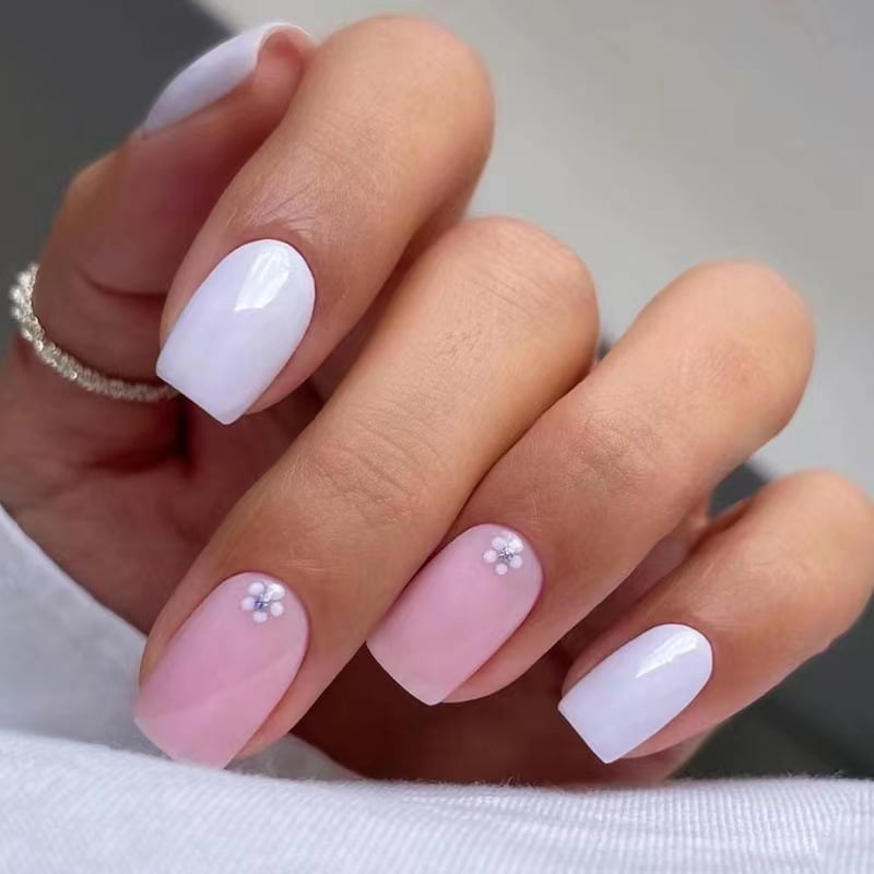 rynn&rae W686 Square Short Medium Press on Nails Tips Full Cover Fake French Blue Black Pink ...