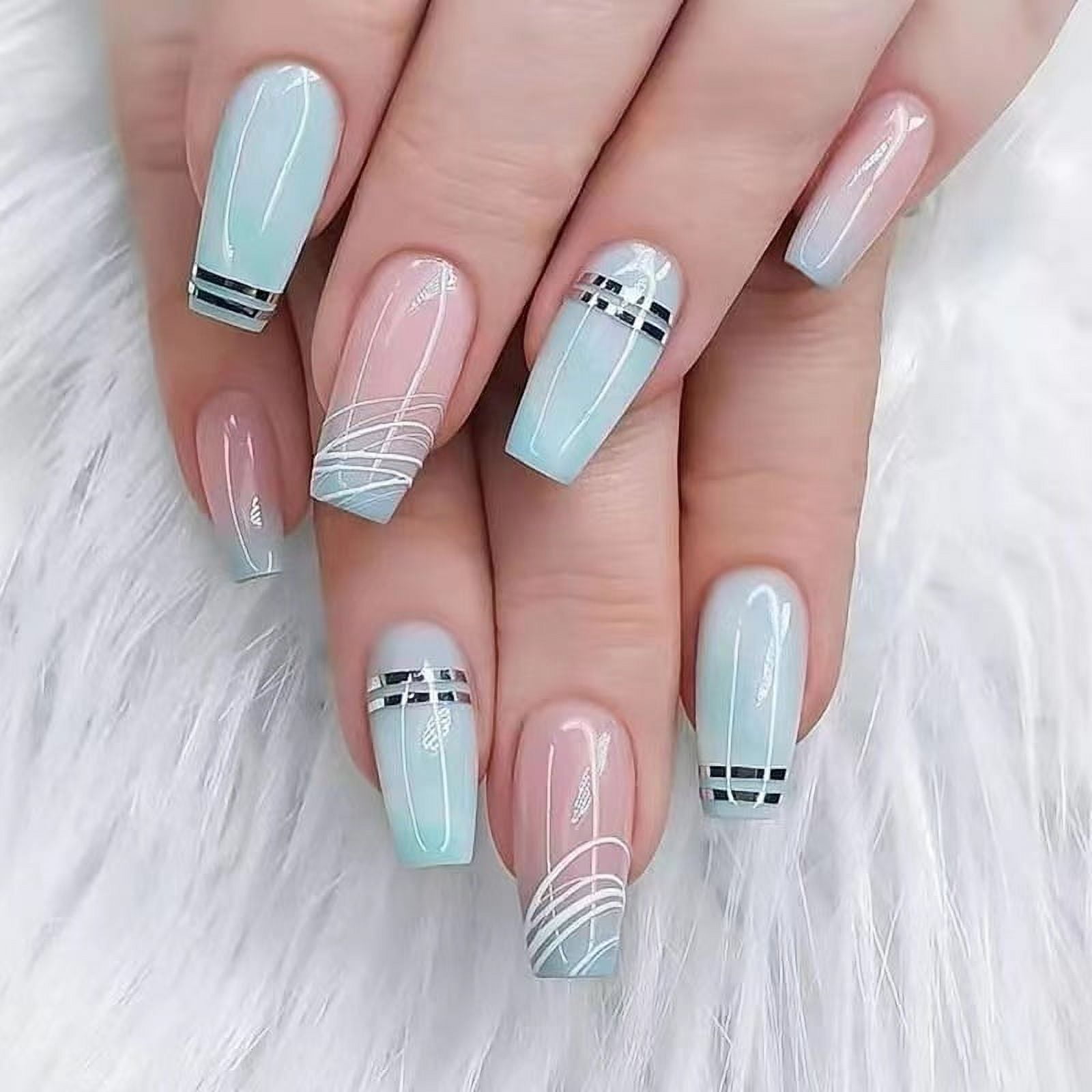 rynn&rae W776 Coffin Medium Long Press on Nails Tips Full Cover Fake French Blue Black Pink ...