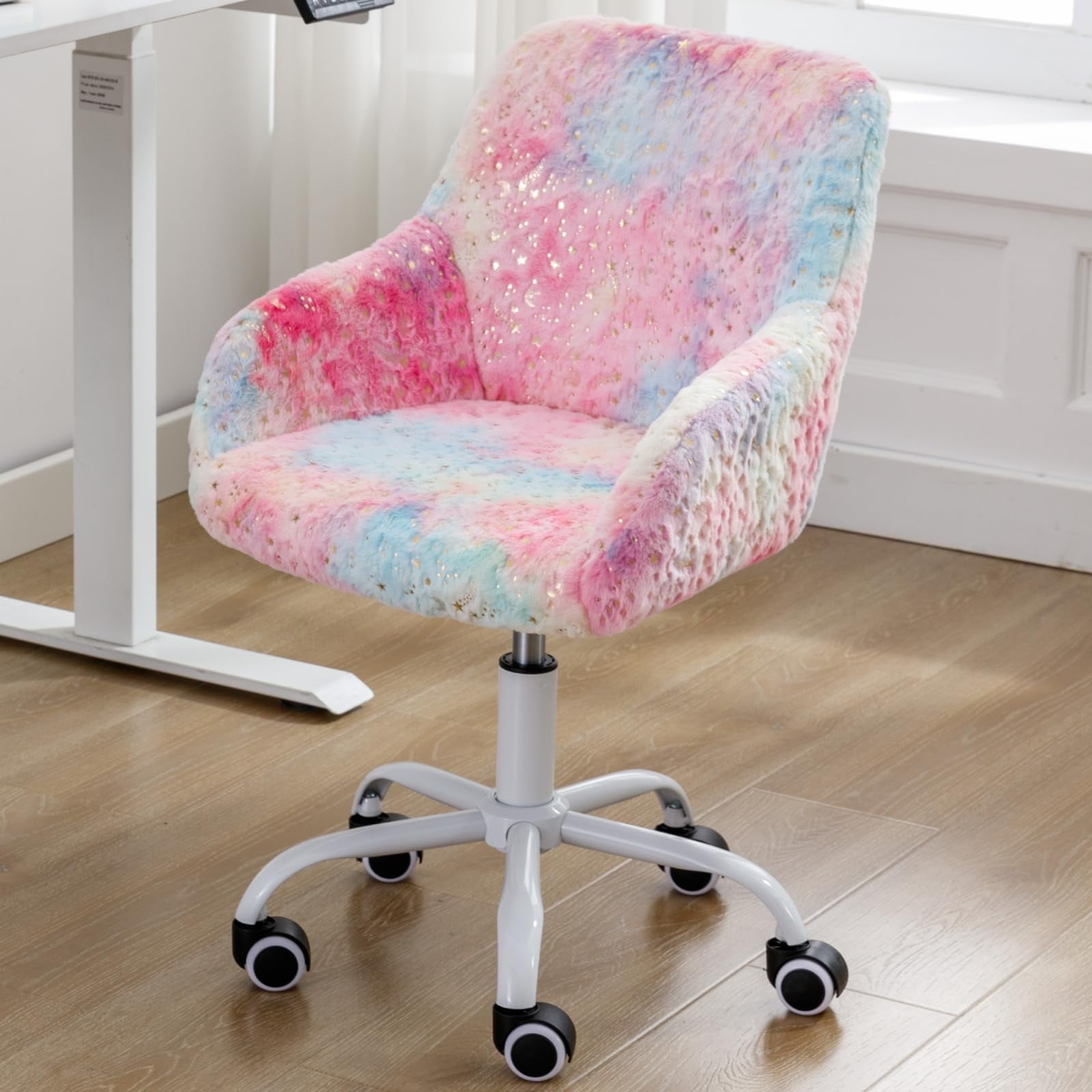 s Adjustable Chair, Furry Swivel Study Desk Seat with Arms, Cozy Faux ...