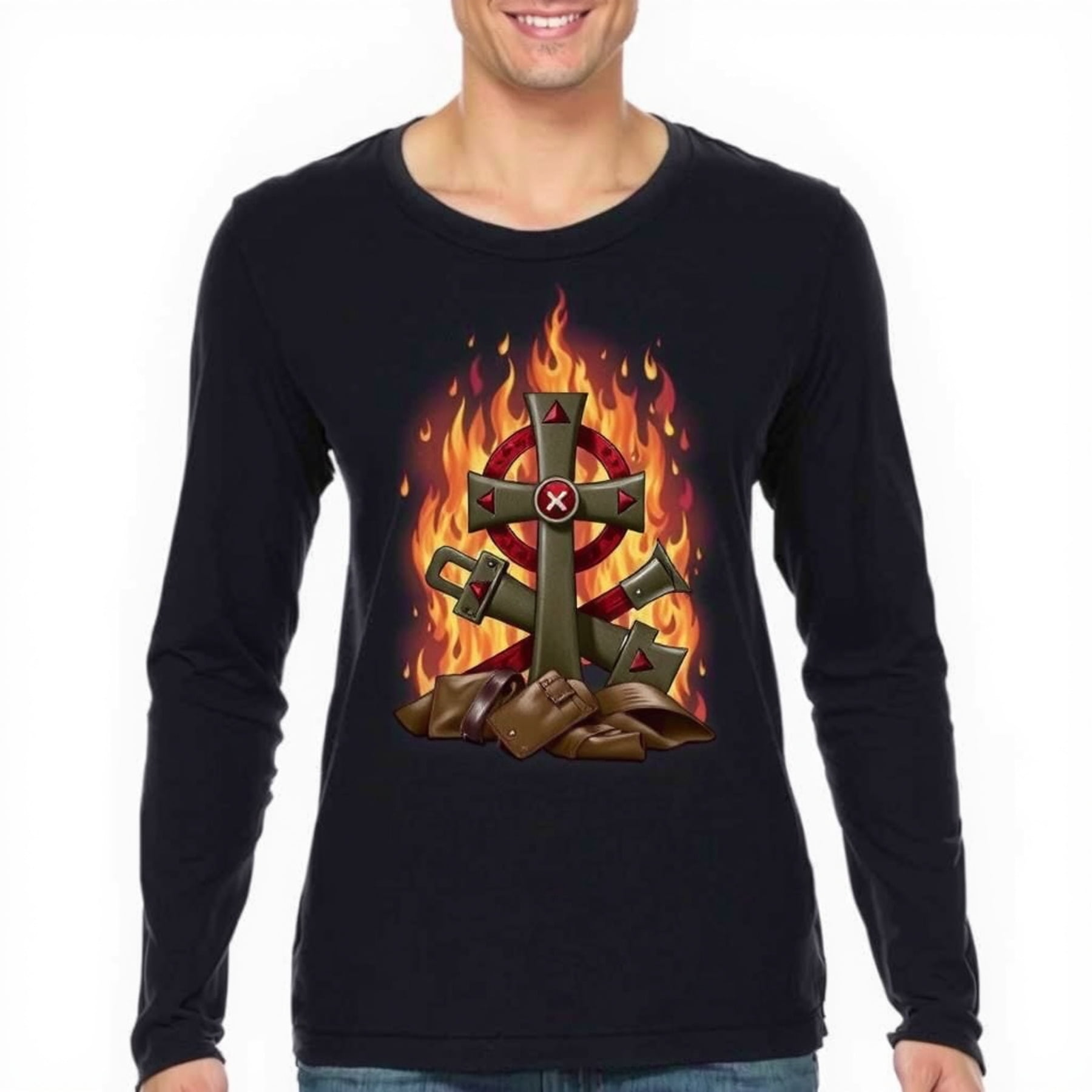 s Cross Long Sleeve T-Shirt - with Fiery Graphic Design Green Cross ...