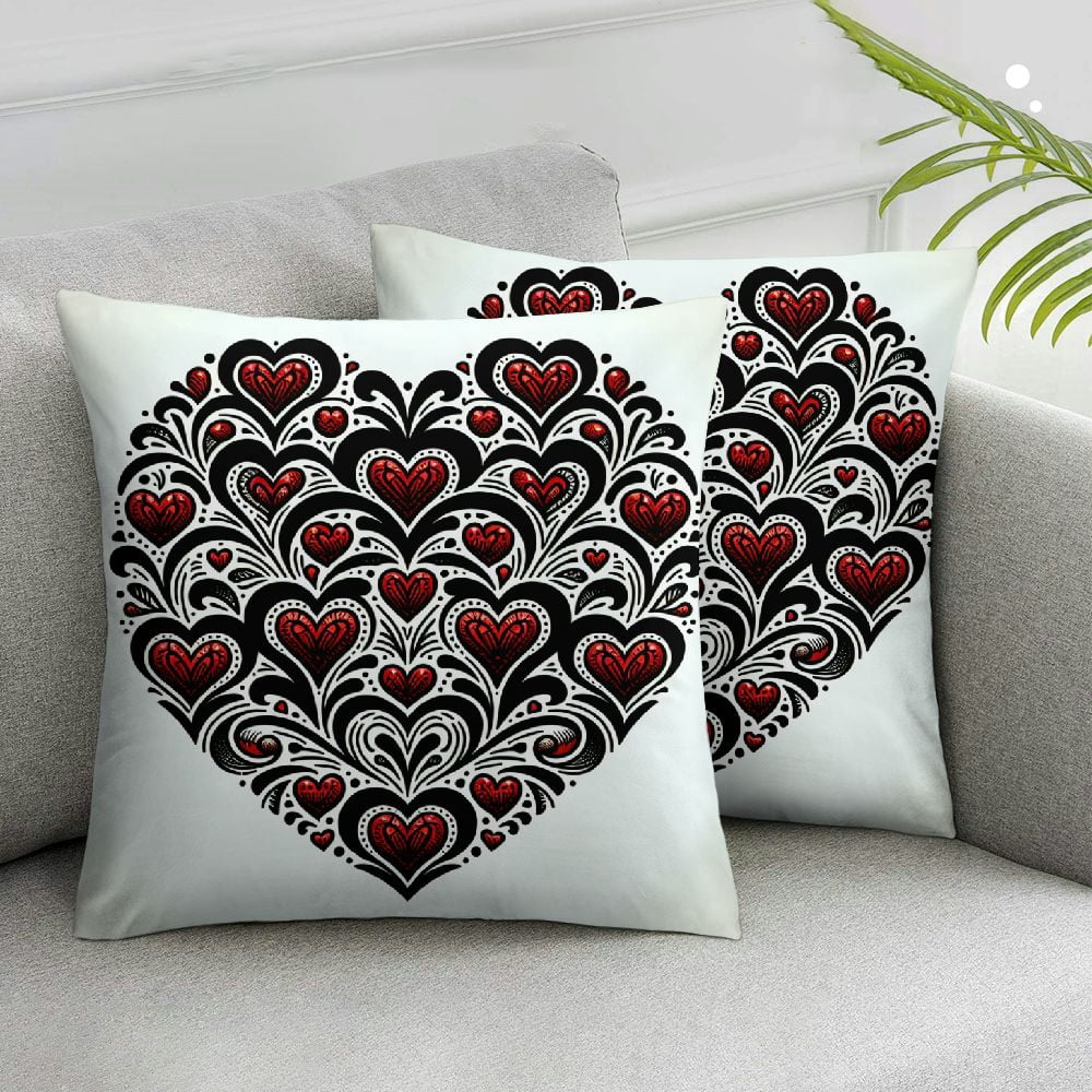 s Day Pillow Covers Themed Black Red Heart Print Decorative Throw ...