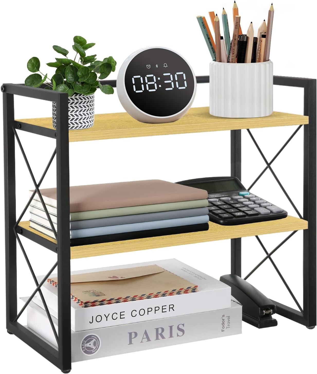 s Desktop Shelf Organizer, 2 Tier Office Shelves, Wood Desk Organizer ...