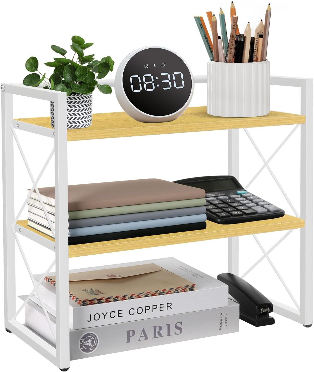 s Desktop Shelf Organizer, 2 Tier Office Shelves, Wood Desk Organizer ...