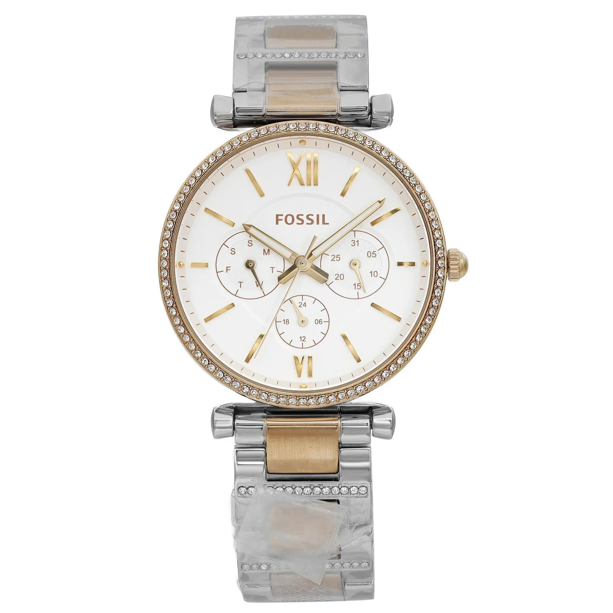 s Fossil Carlie 38mm Two Tone Steel Silver Dial Lady Watch ES4661 ...