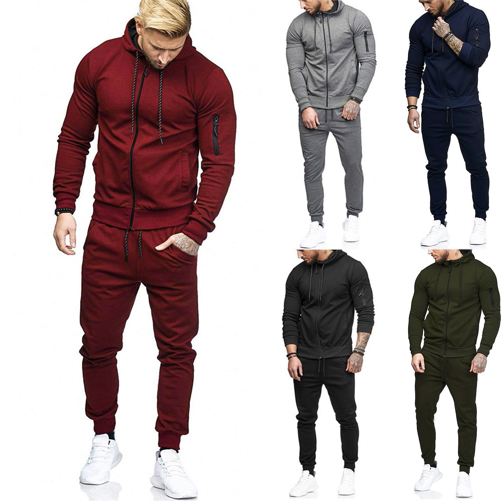 safuny Men's 2Pc Tracksuits Hoodie Jackets&Pants Jogger Pocket Solid ...