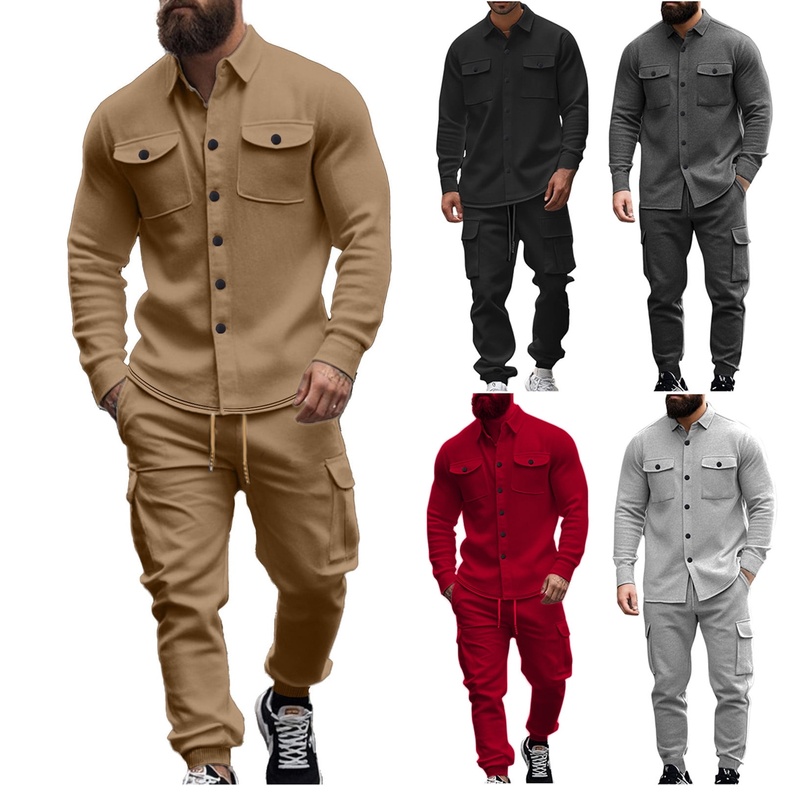 safuny Men's Cargo Sweat Suit 2 Piece Out Casual Sports Jacket Jogging ...