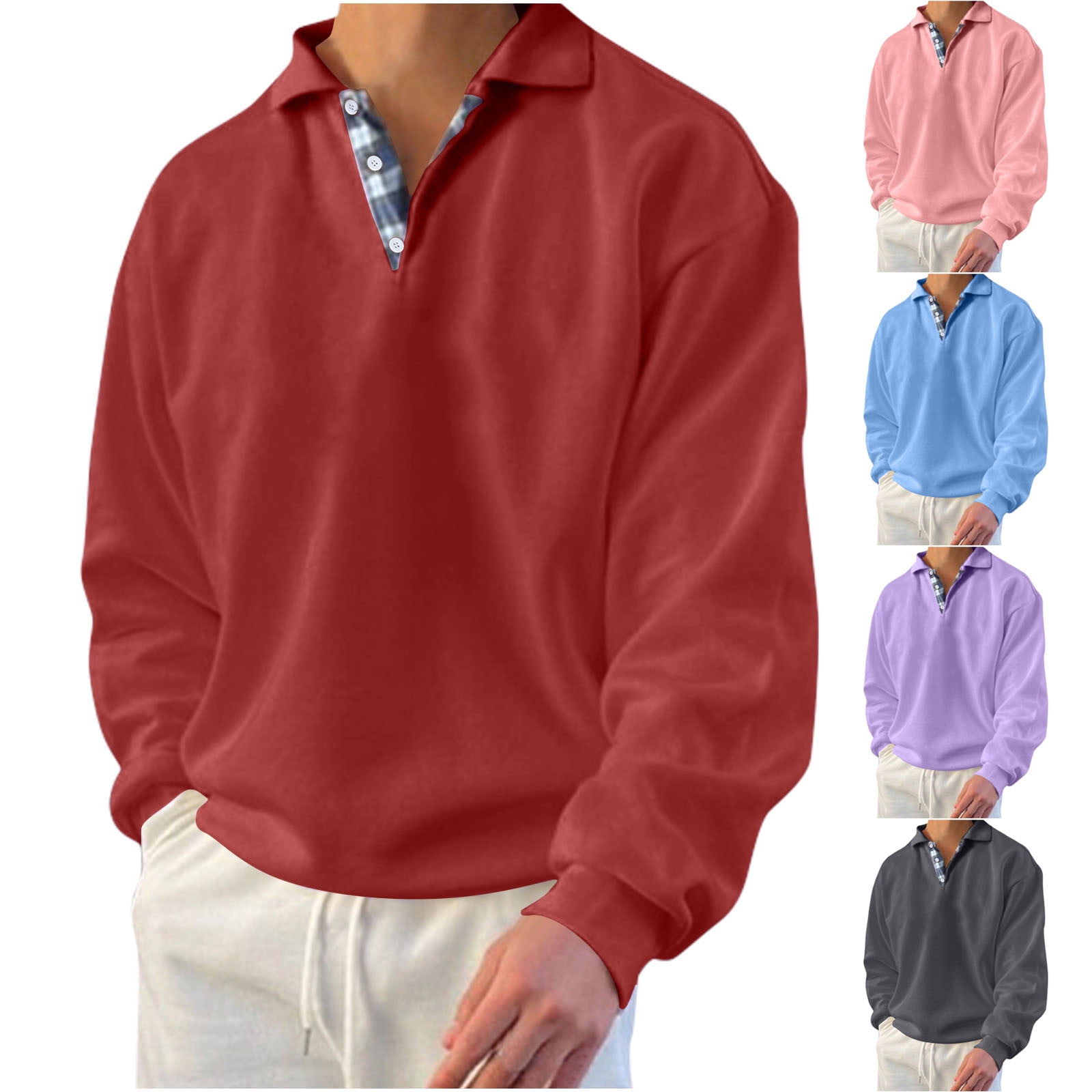 safuny Men's Fashion Plaid Pullover Turn Down Collar Sweatshirts ...