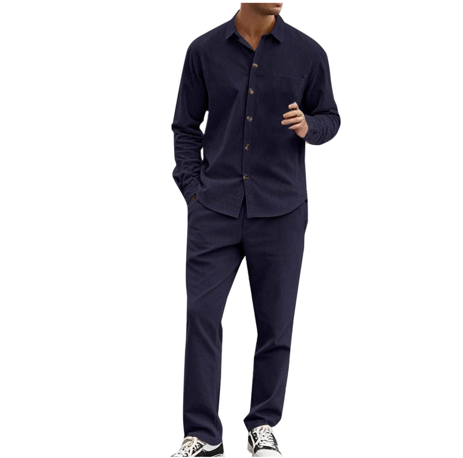 safuny Mens 2 Piece Linen Pants Set Beach Summer Long Sleeve Button ...